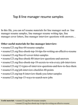 Top 8 line manager resume samples | PDF