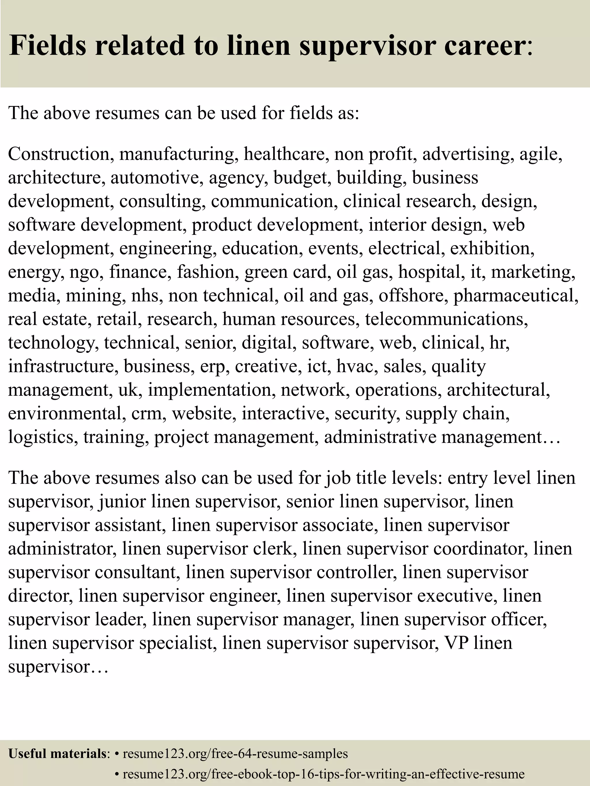 Top 8 linen supervisor resume samples | PDF