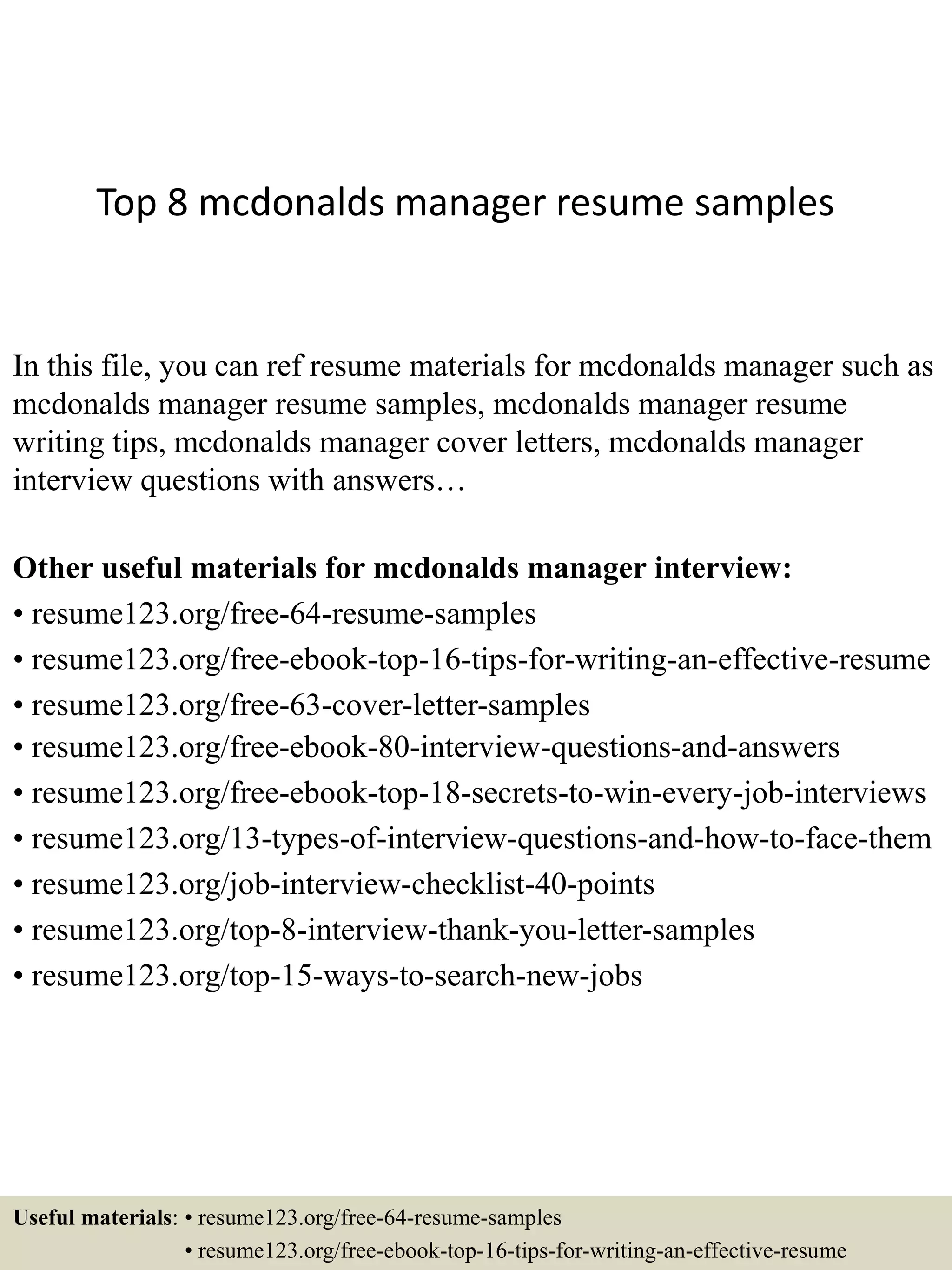 Top 8 mcdonalds manager resume samples | PPTX