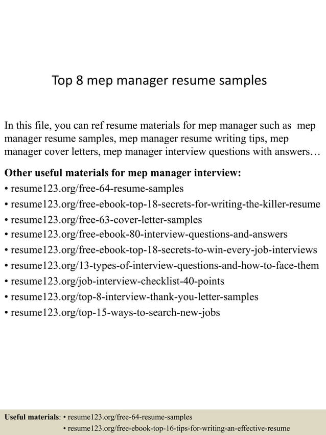Top 8 mep manager resume samples | PPTX | Resume Writing and Advice ...