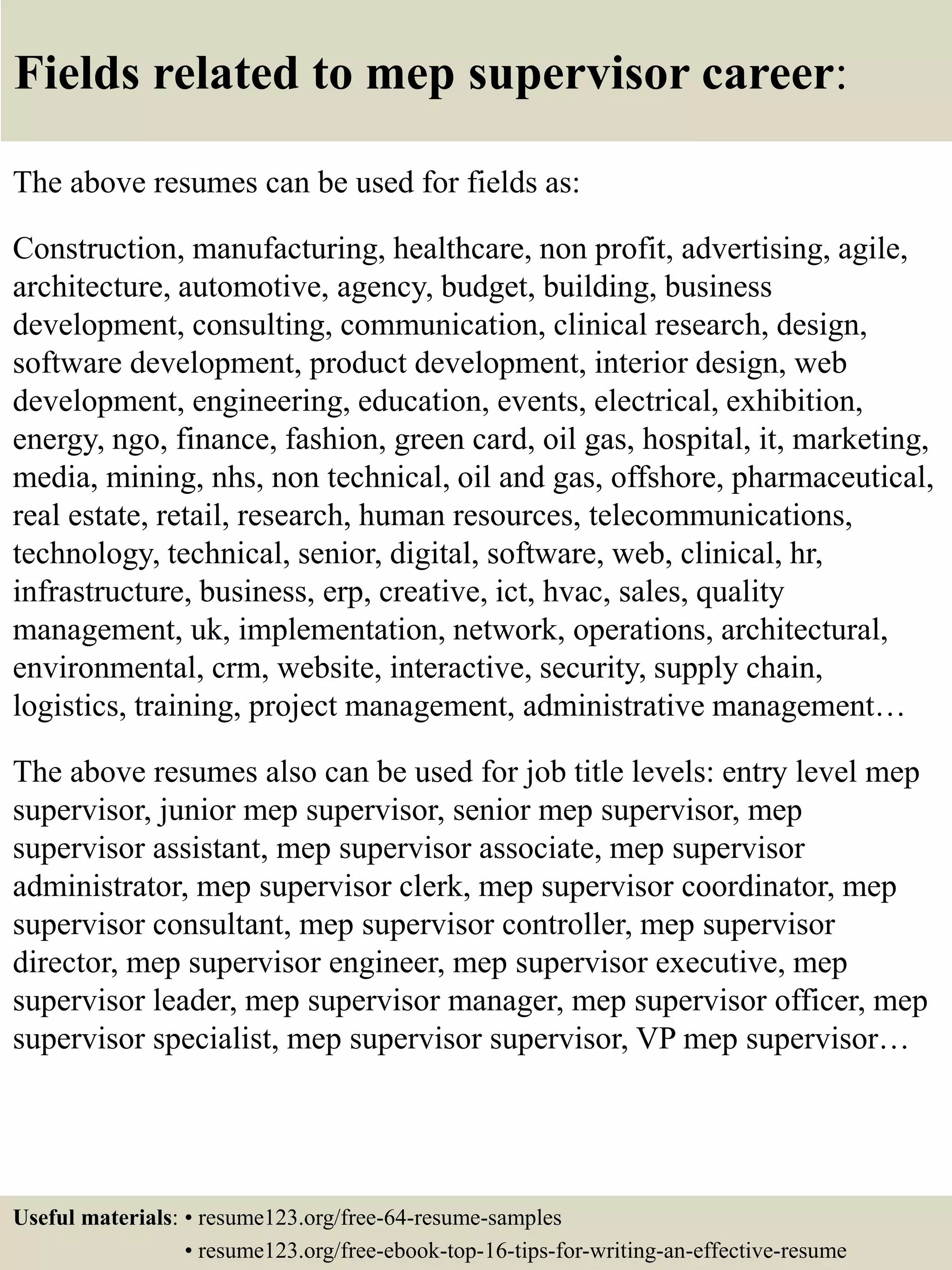 Top 8 mep supervisor resume samples | PPTX