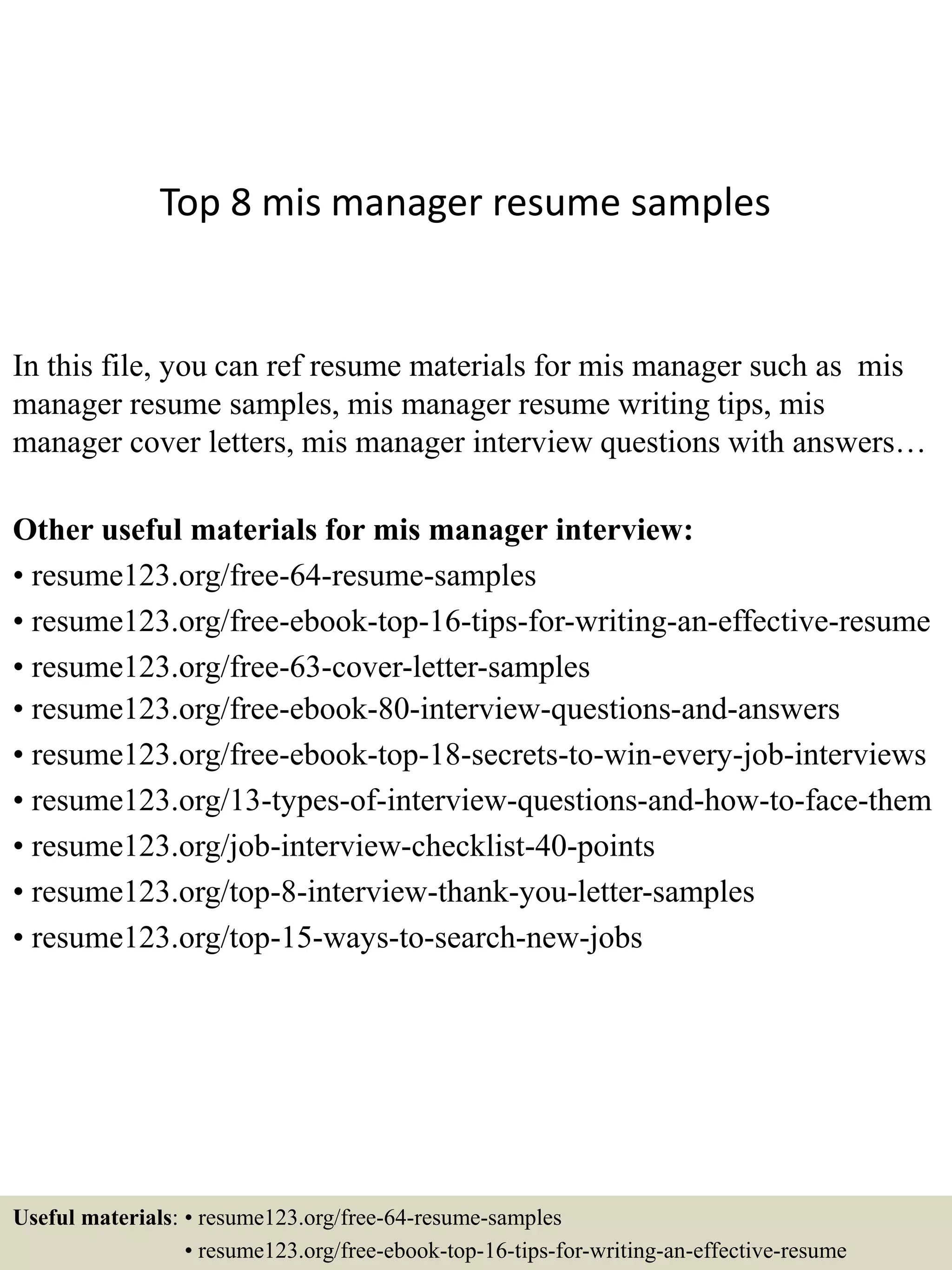Top 8 mis manager resume samples | PDF