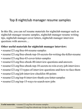Top 8 nightclub manager resume samples | PPTX