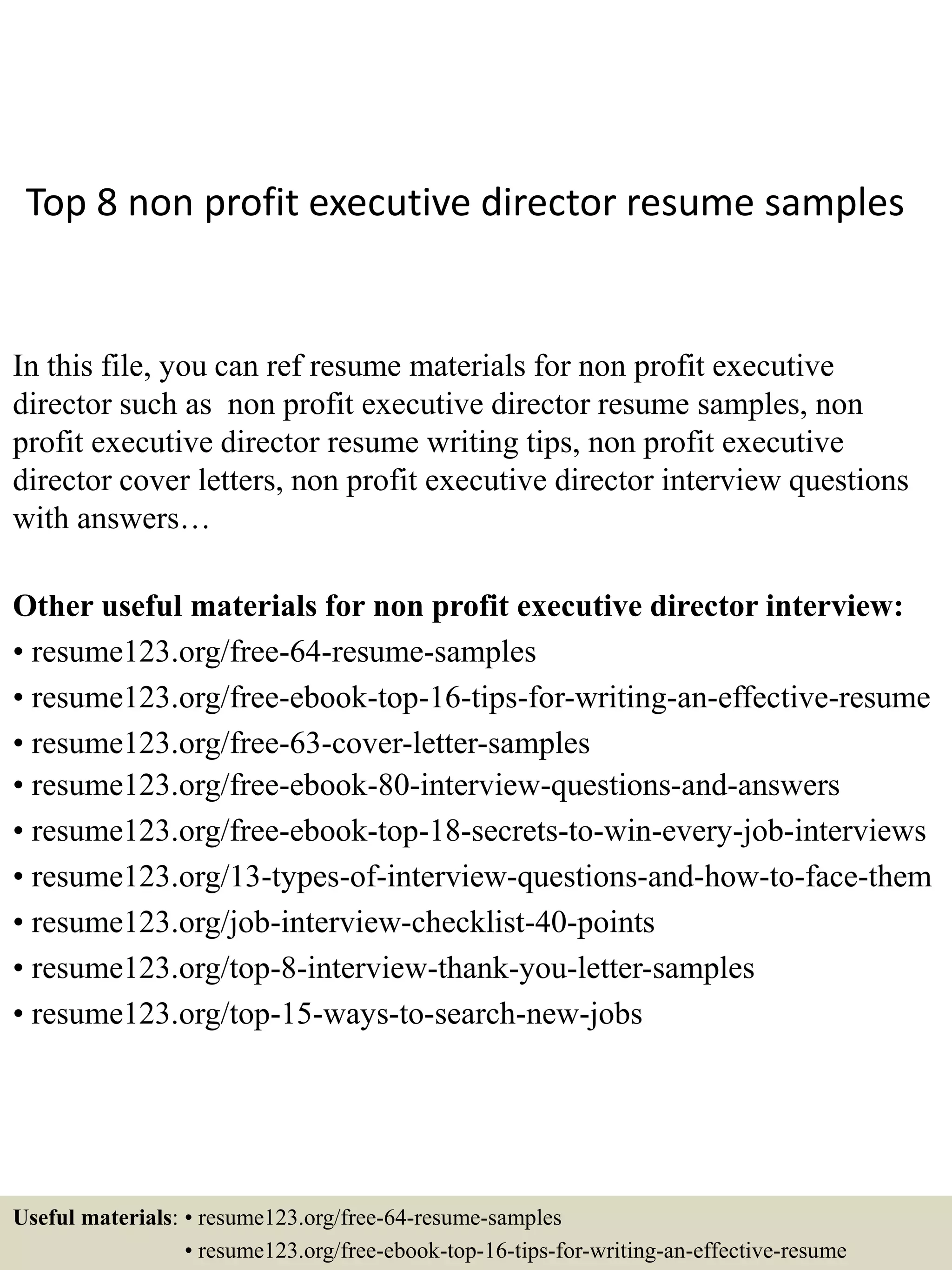 Top 8 non profit executive director resume samples | PPTX