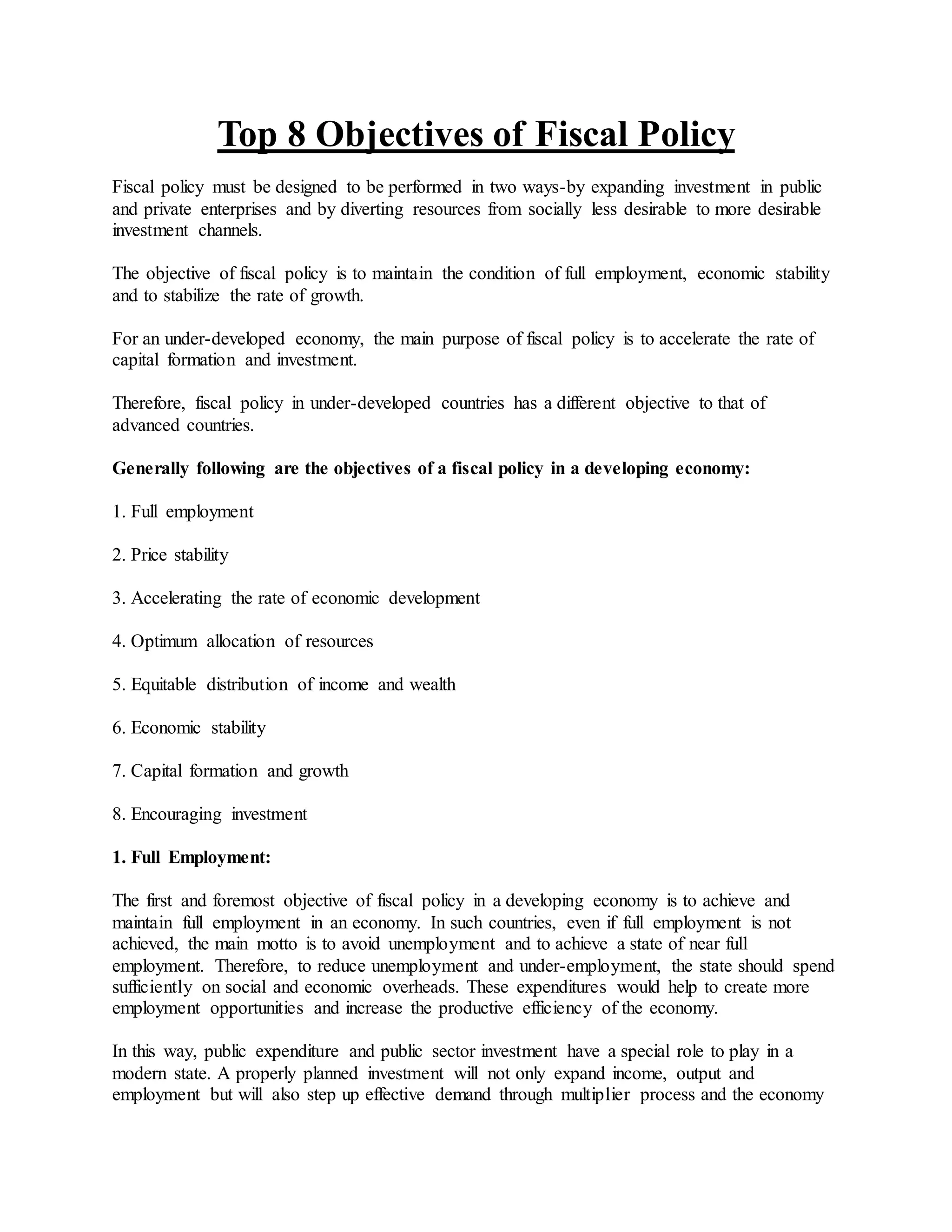 Objectives of Fiscal Policy | DOCX