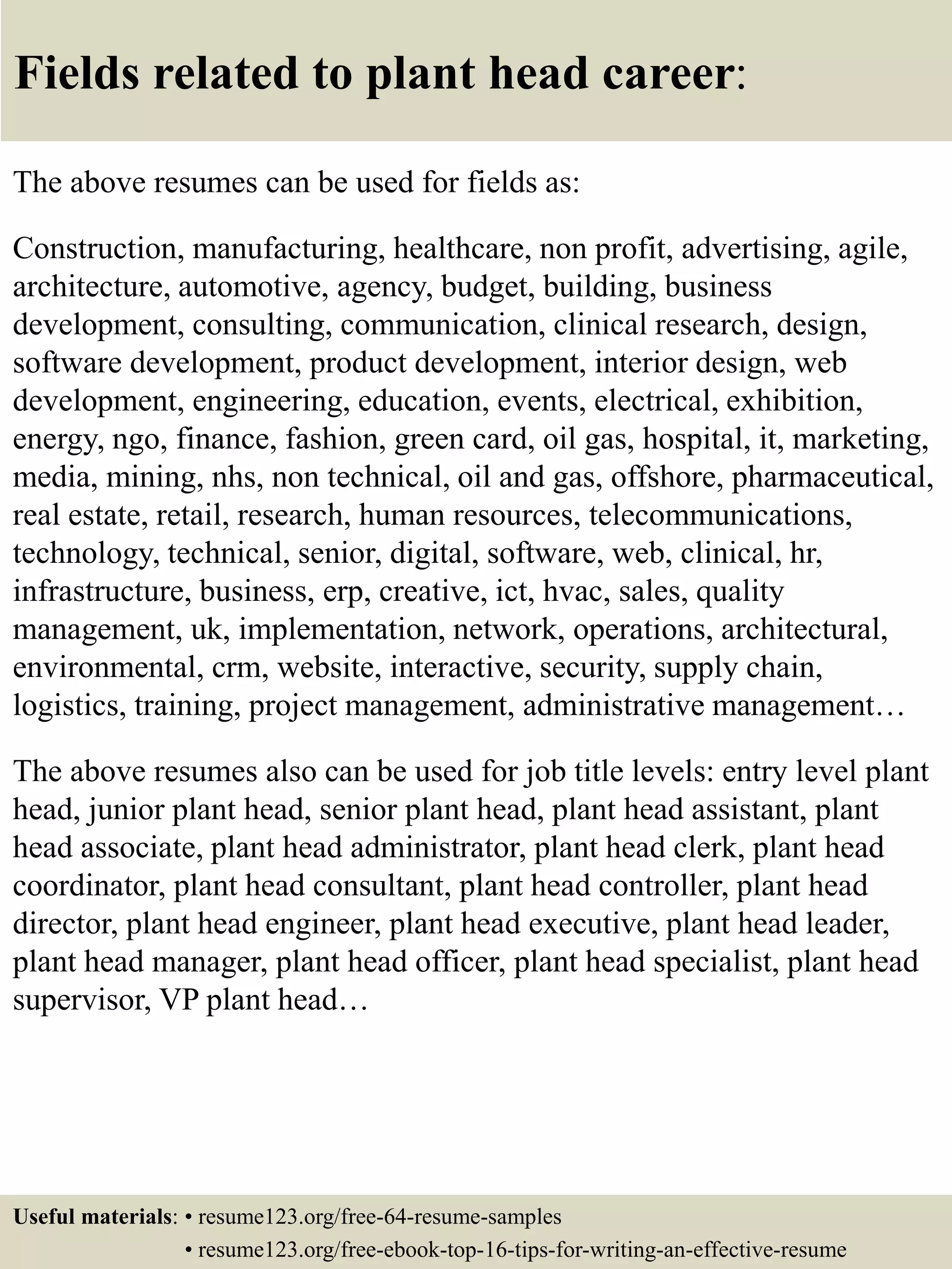 Top 8 plant head resume samples | PPTX