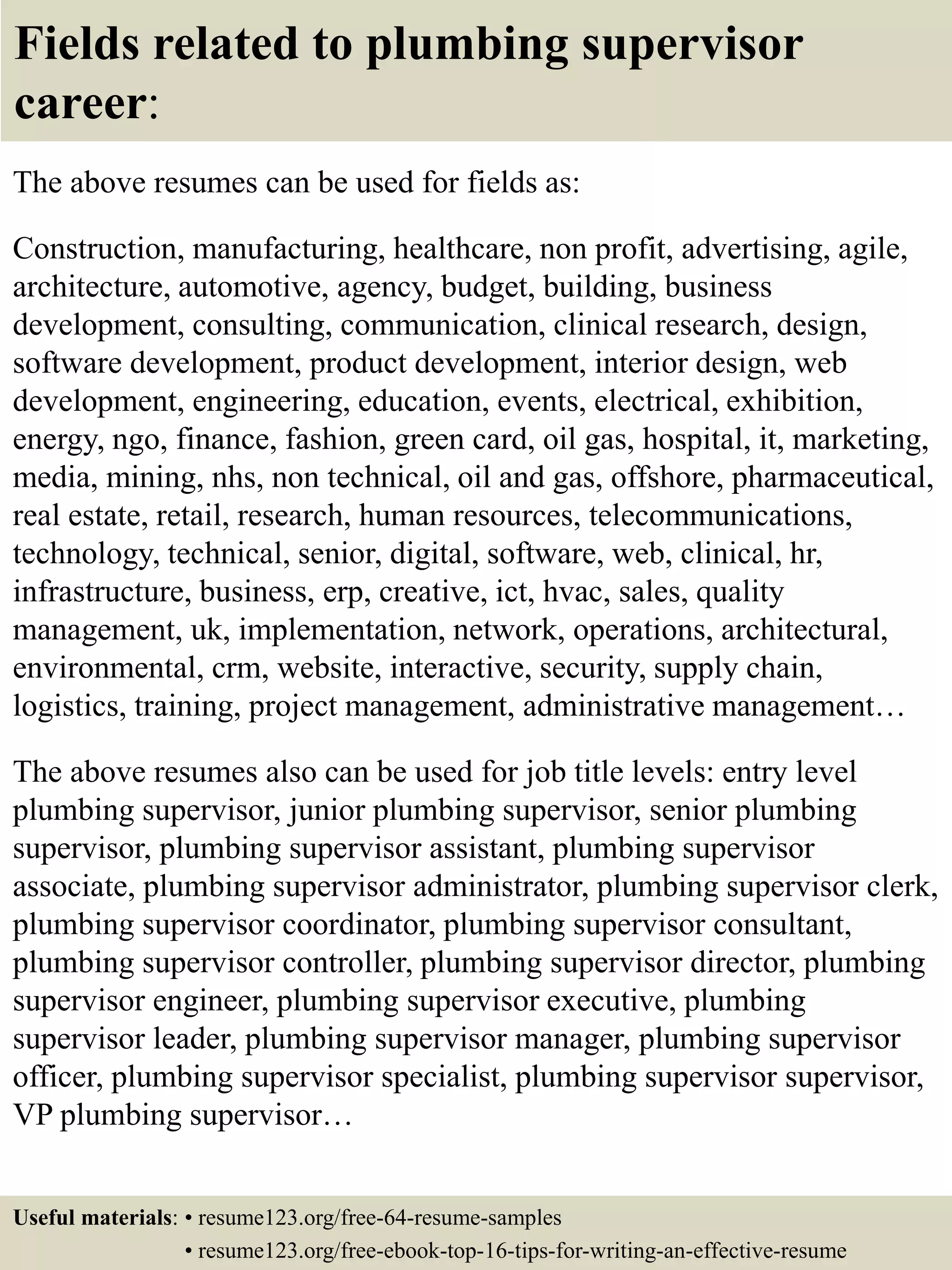 Top 8 plumbing supervisor resume samples | PPTX