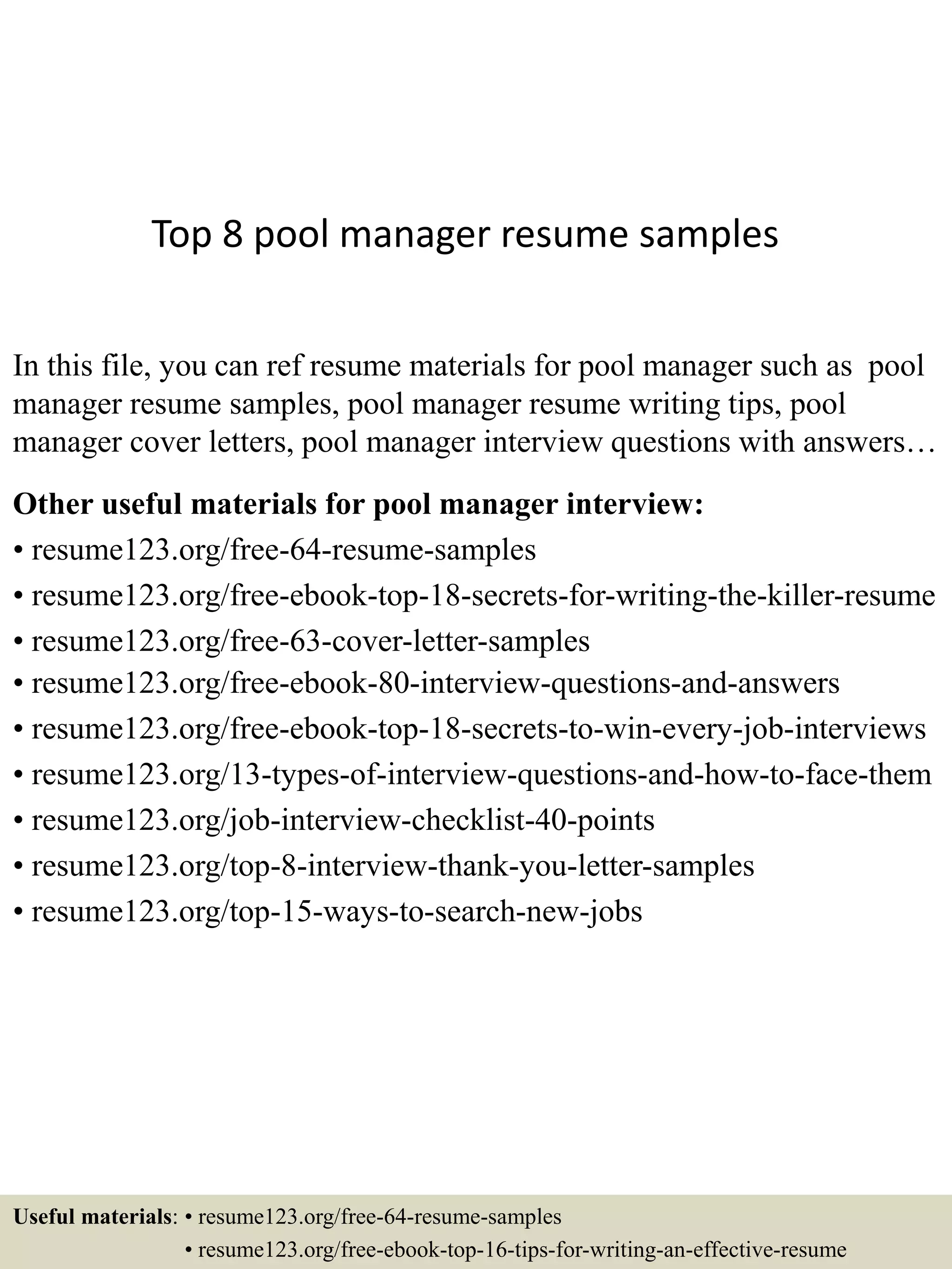 Top 8 pool manager resume samples | PDF