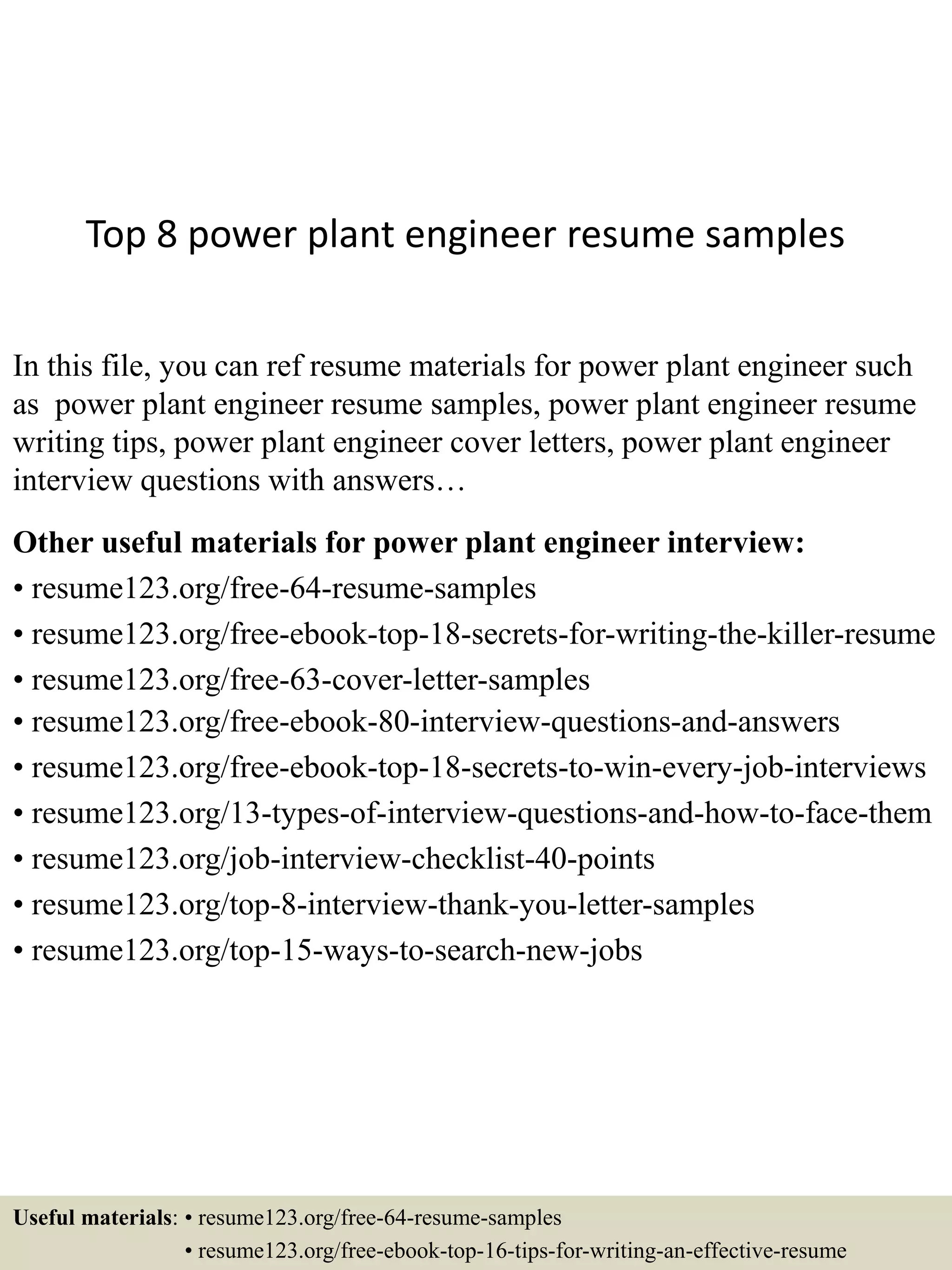 Top 8 power plant engineer resume samples | PPTX