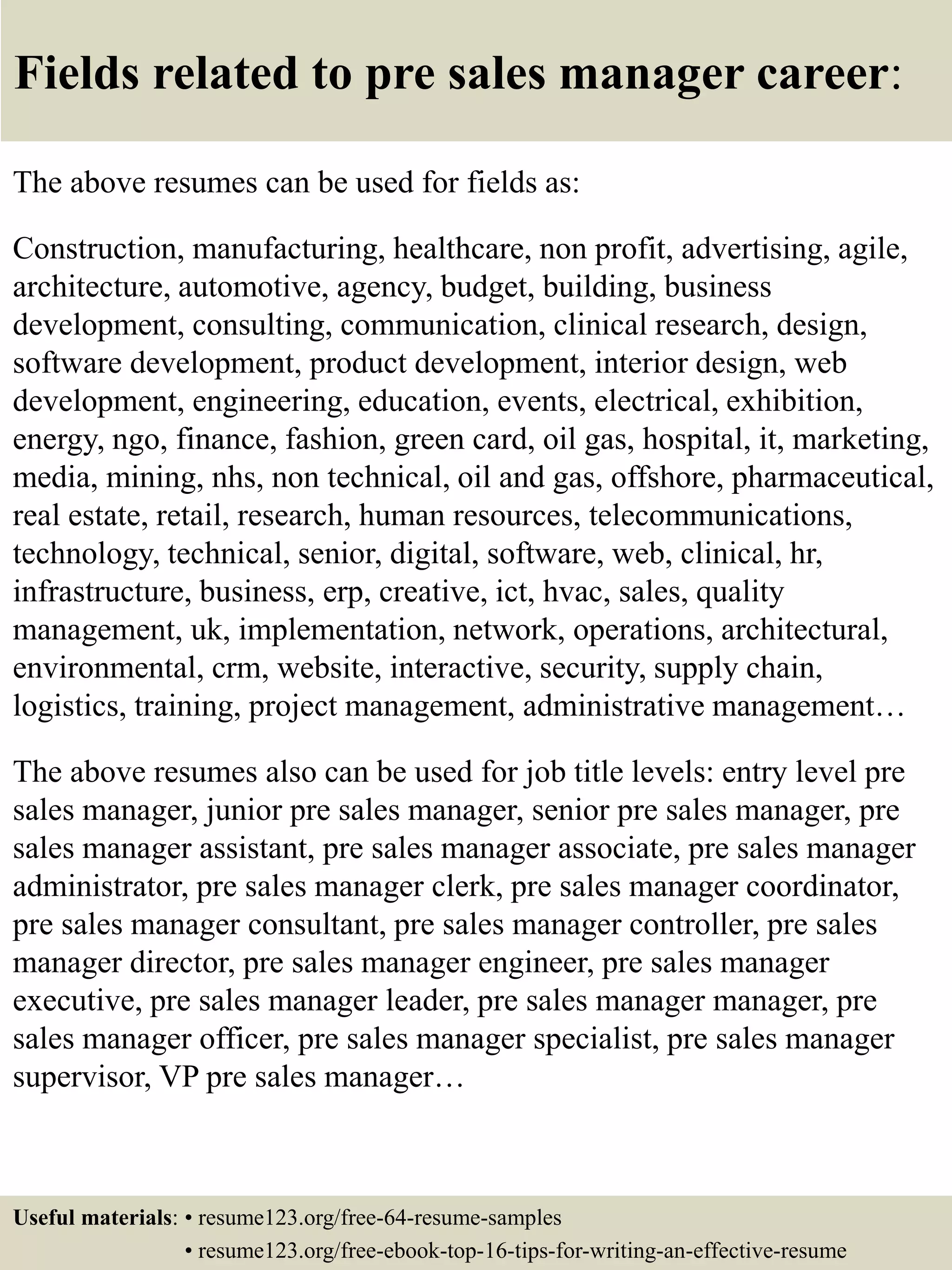 Top 8 pre sales manager resume samples | PPTX