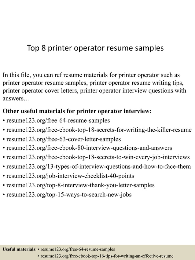 Top 8 printer operator resume samples | PDF