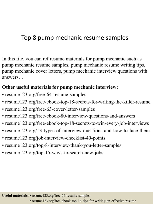 Top 8 pump mechanic resume samples | PDF