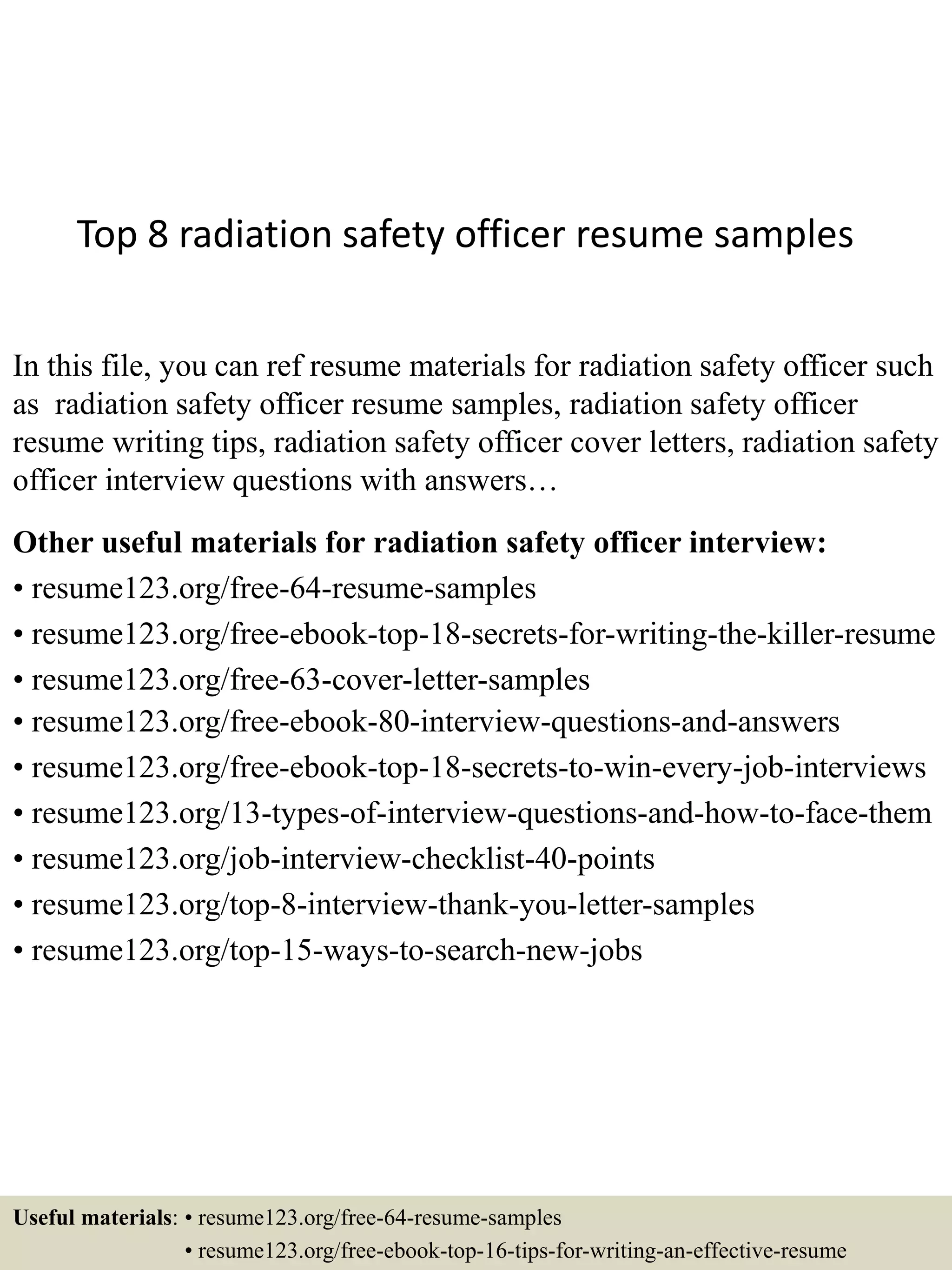 Top 8 radiation safety officer resume samples | PPTX