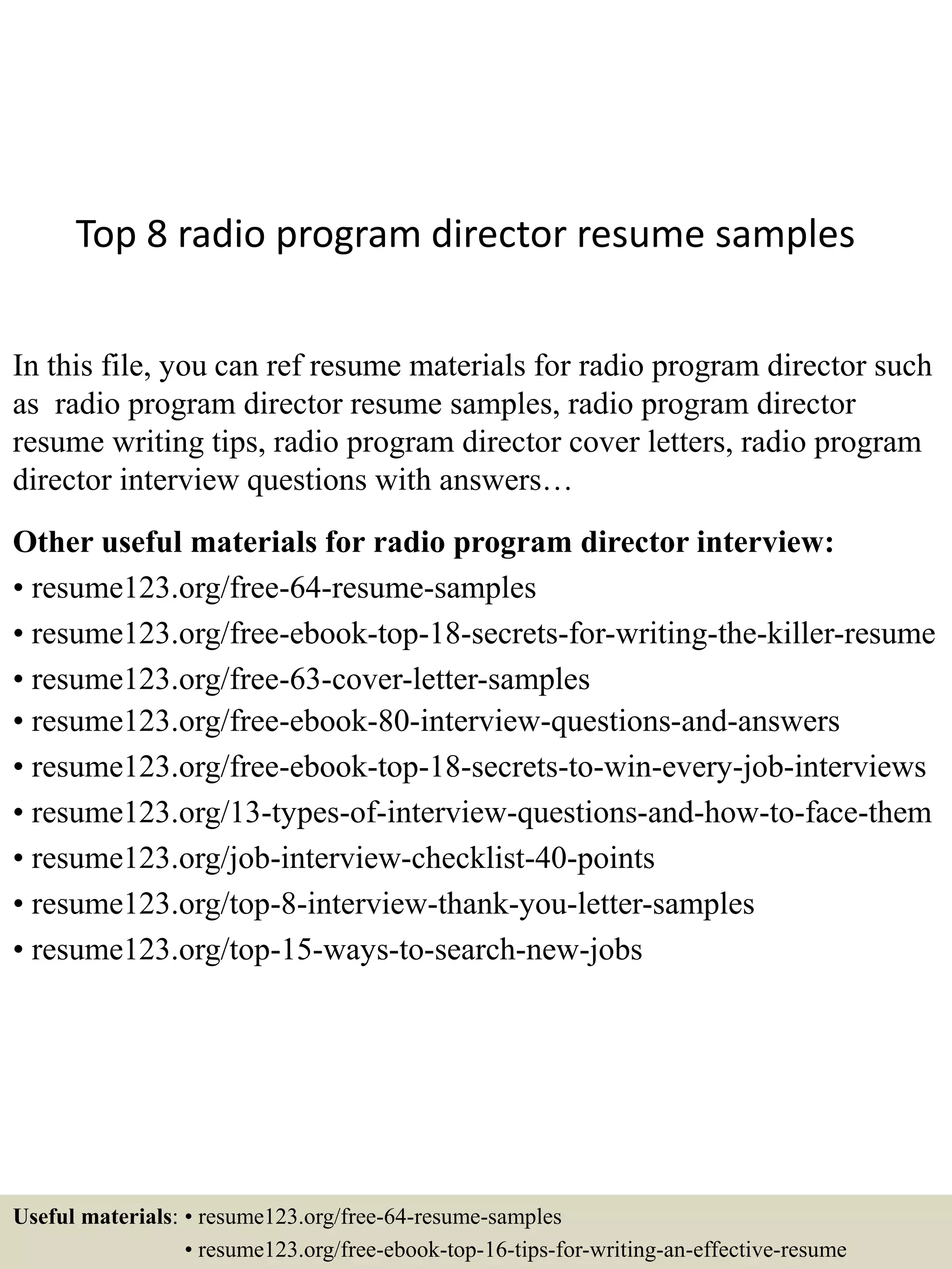Top 8 radio program director resume samples | PDF