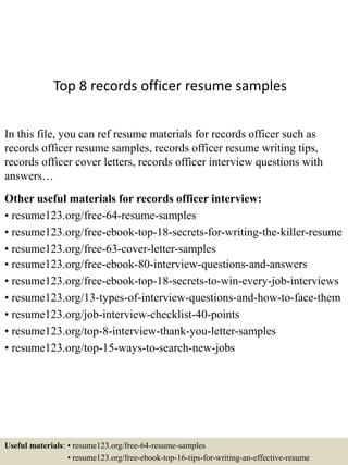 Top 8 records officer resume samples | PPTX