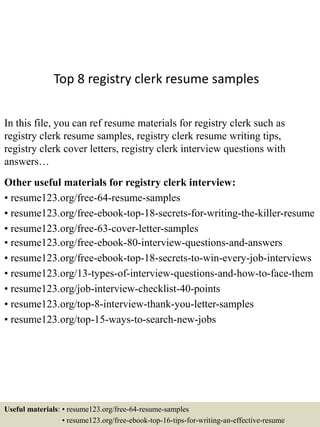 Top 8 registry clerk resume samples | PDF