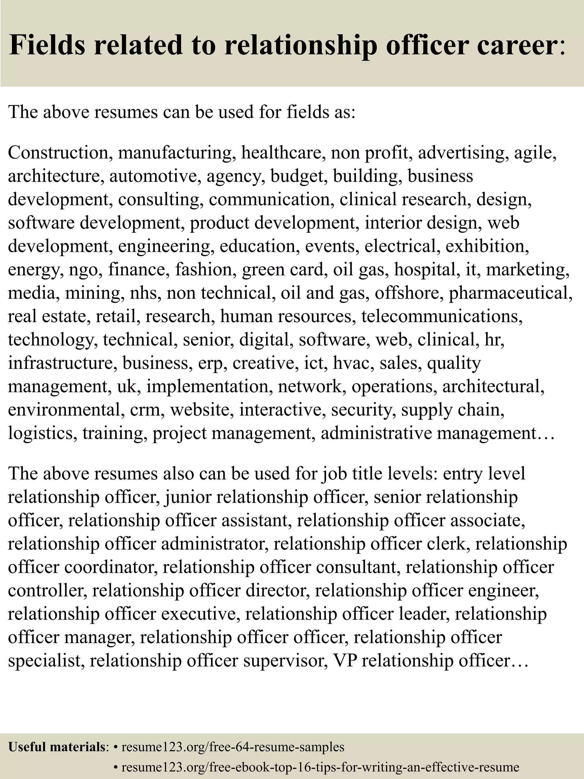 Top 8 relationship officer resume samples | PPTX