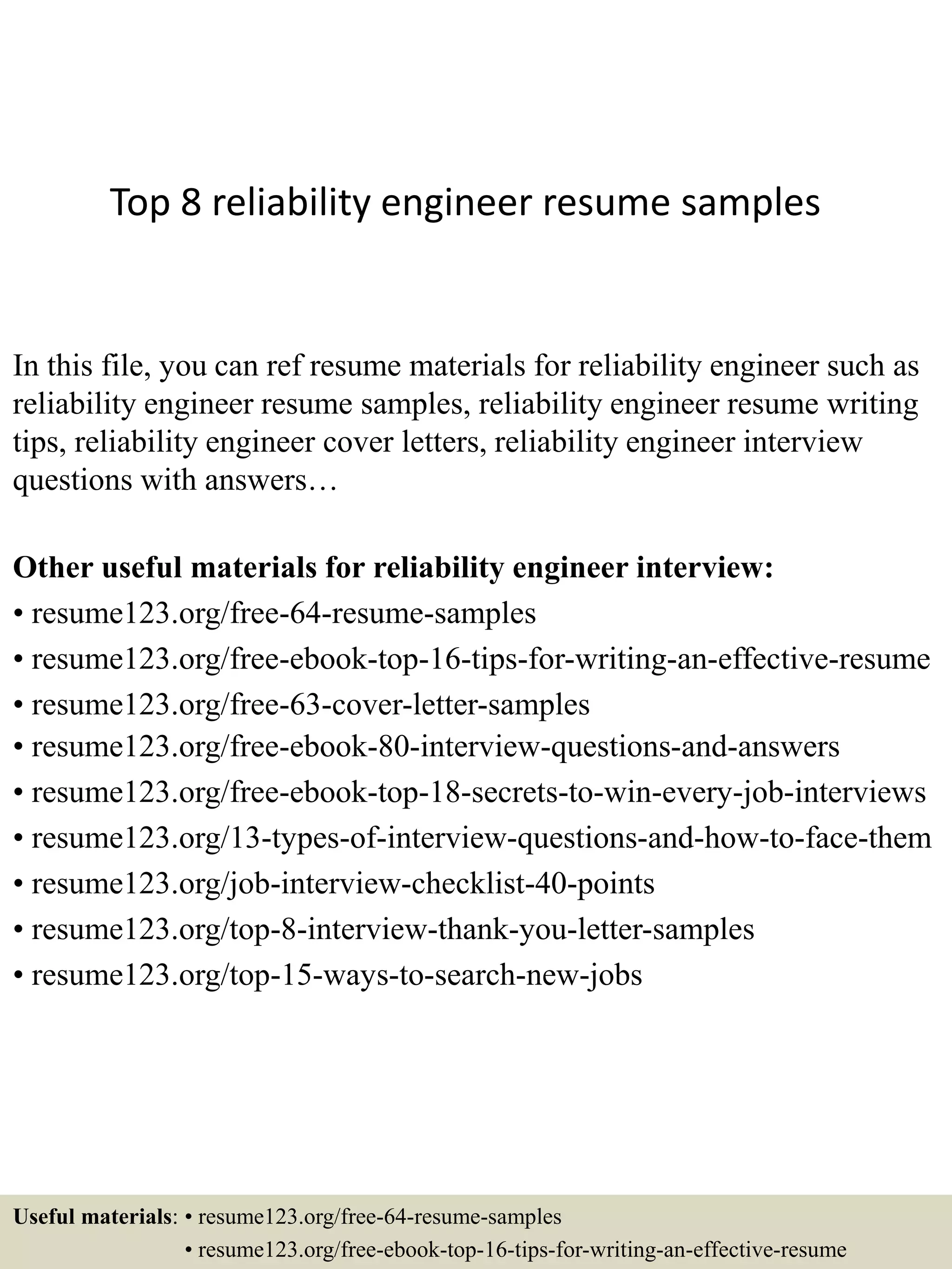 Top 8 reliability engineer resume samples | PPTX