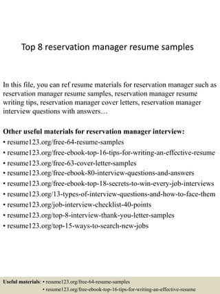 Top 8 reservation manager resume samples | PPTX