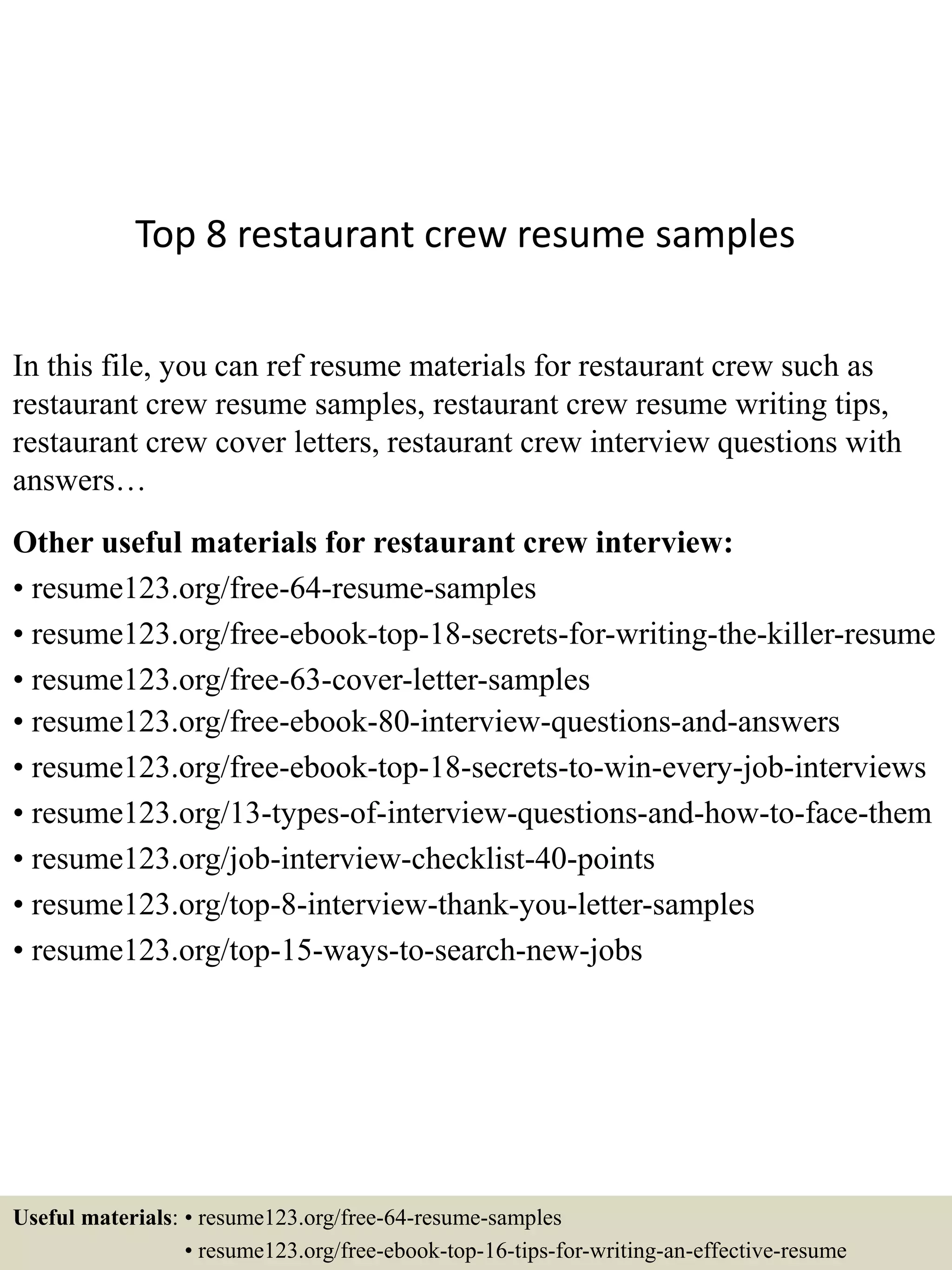 Top 8 restaurant crew resume samples | PPTX