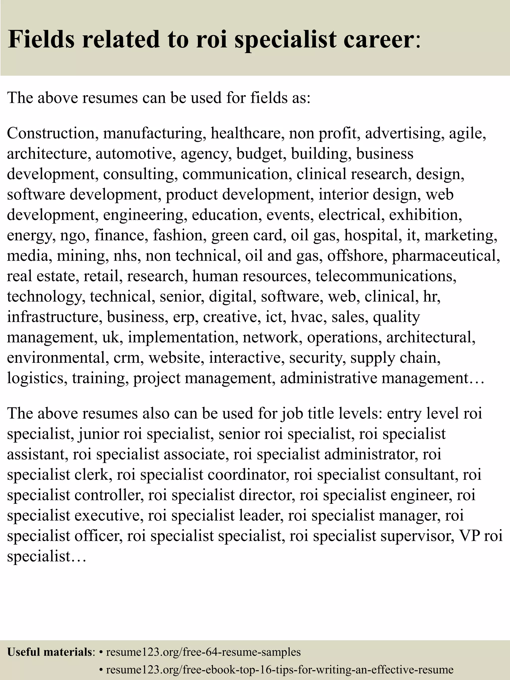 Top 8 roi specialist resume samples | PPTX
