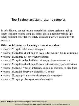 Top 8 safety assistant resume samples | PPTX