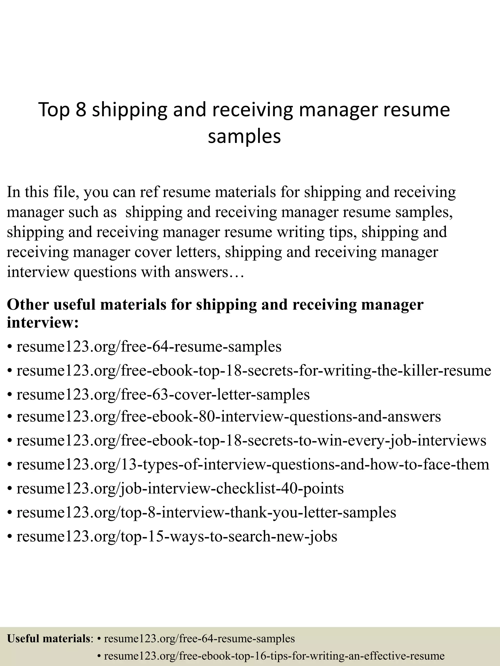 Top 8 shipping and receiving manager resume samples | PDF
