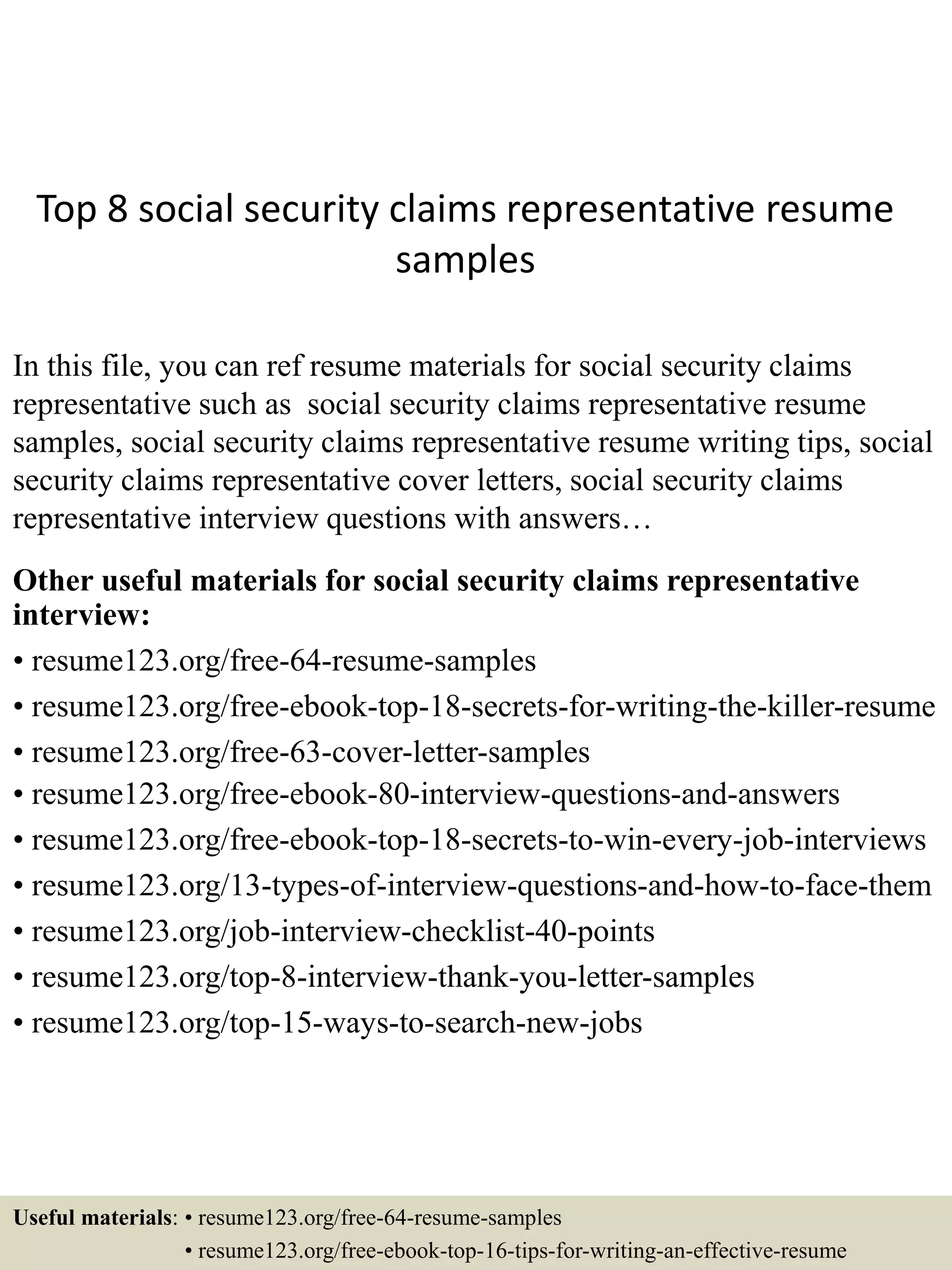 Top 8 social security claims representative resume samples | PPTX