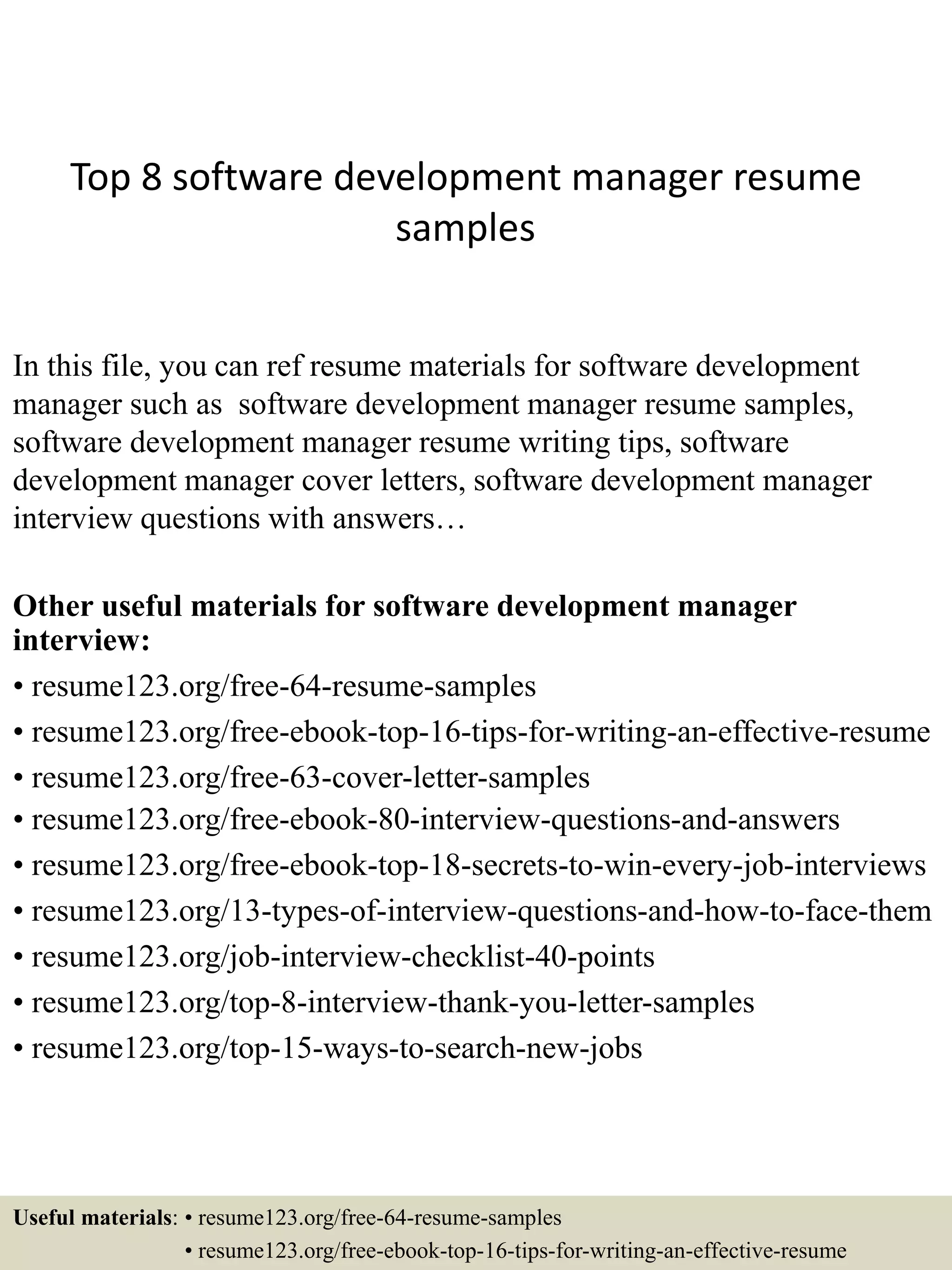 Top 8 software development manager resume samples | PPTX