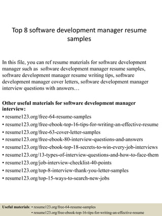 Top 8 software development manager resume samples | PPTX