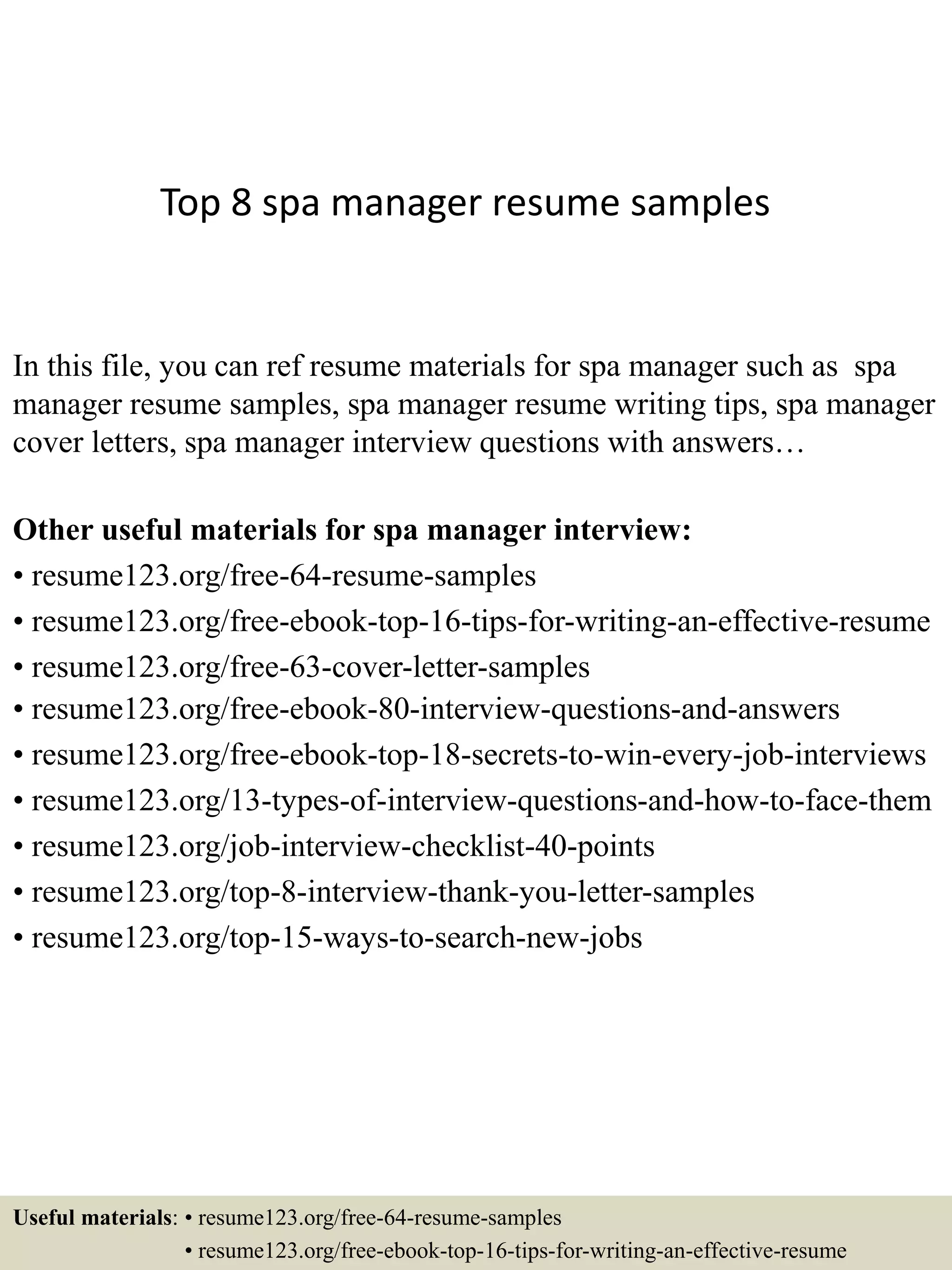Top 8 spa manager resume samples | PDF