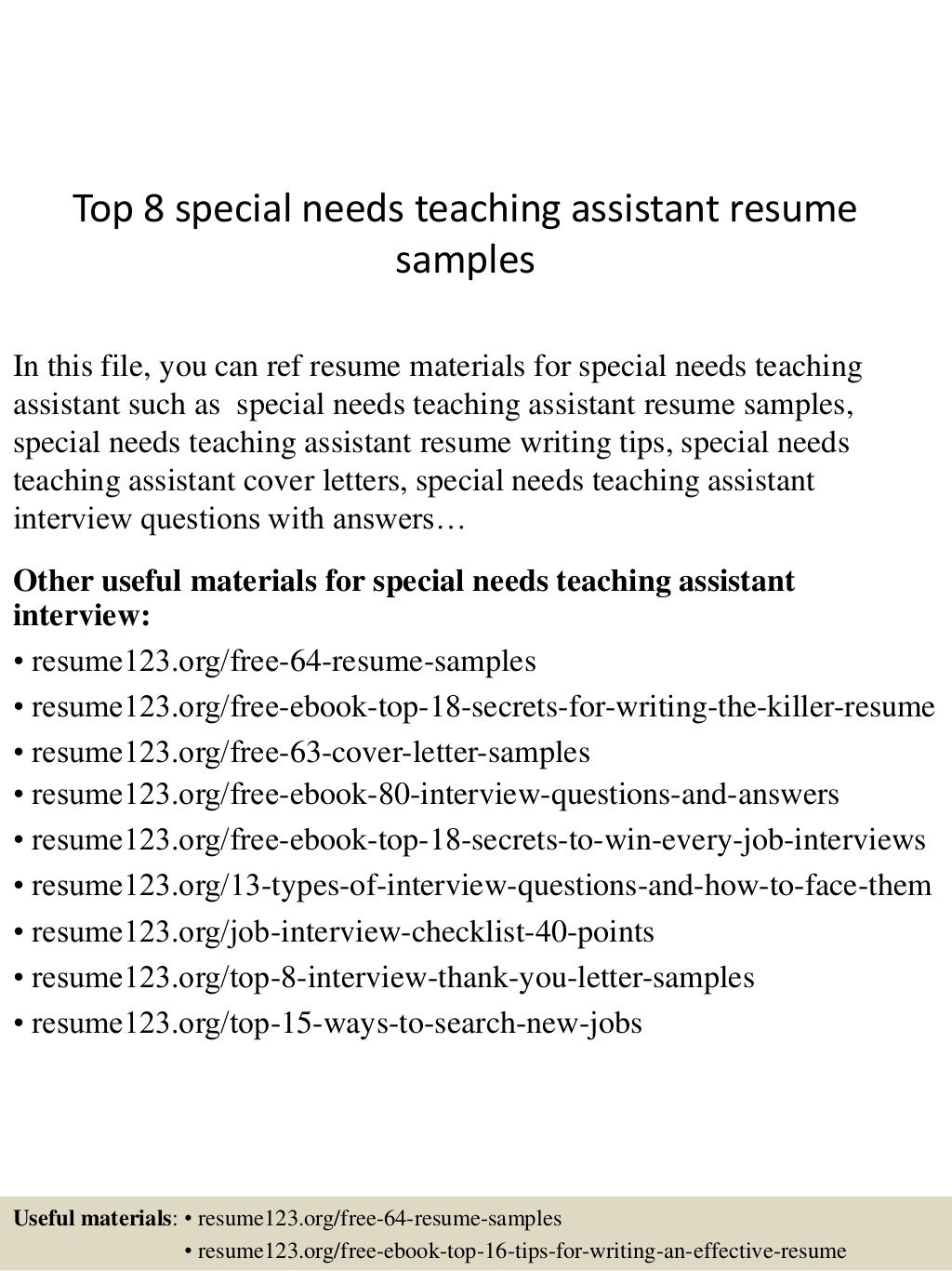 Top 8 Special Needs Teaching Assistant Resume Samples top-8-special-needs-teaching-assistant-resume-samples