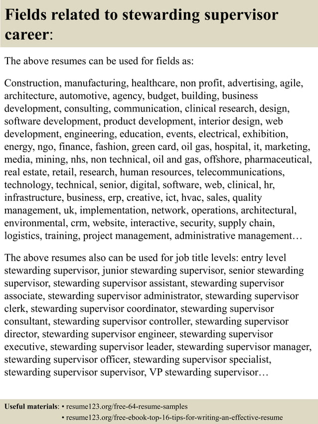 Top 8 stewarding supervisor resume samples | PDF