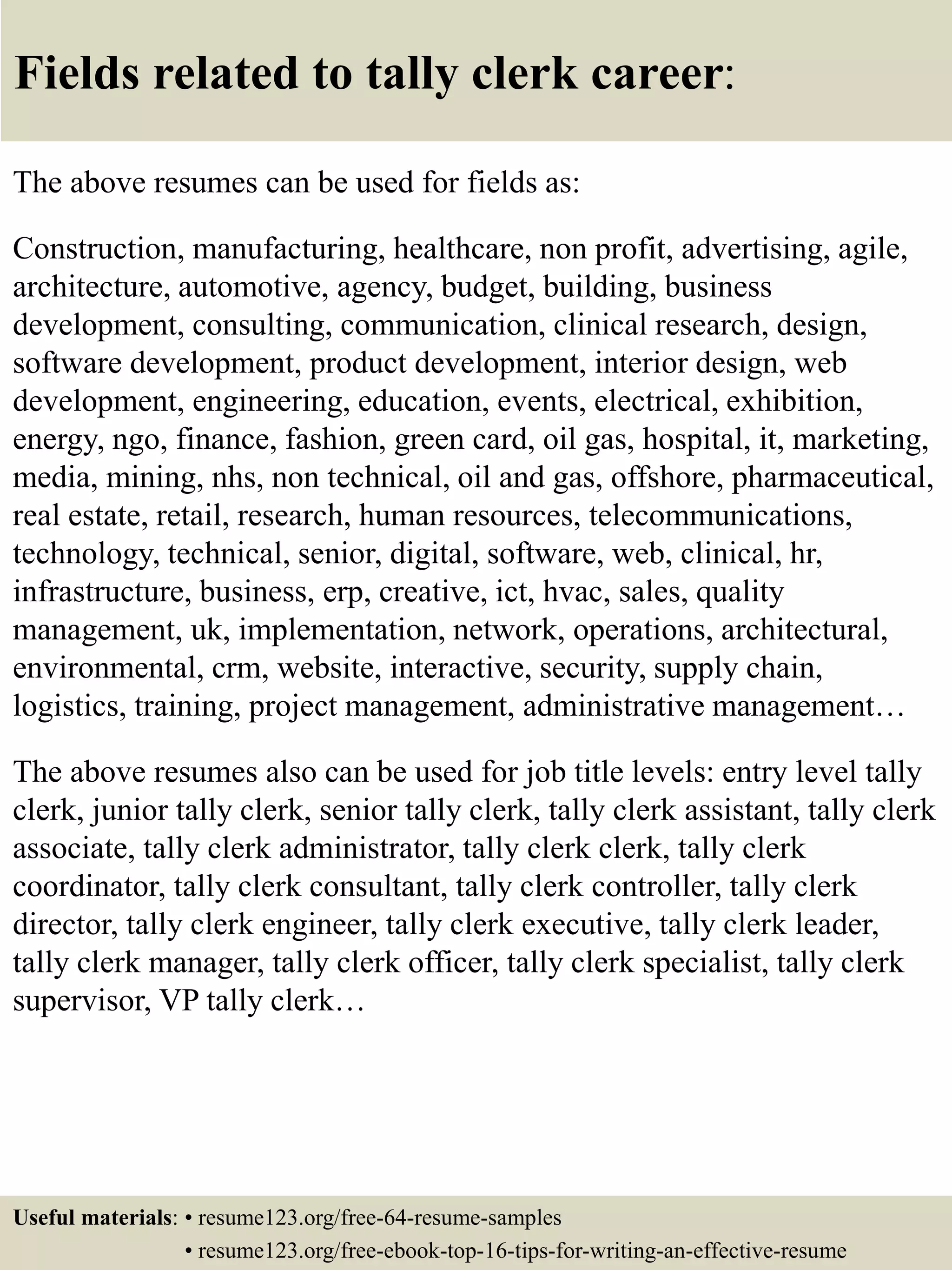 Top 8 tally clerk resume samples | PPTX