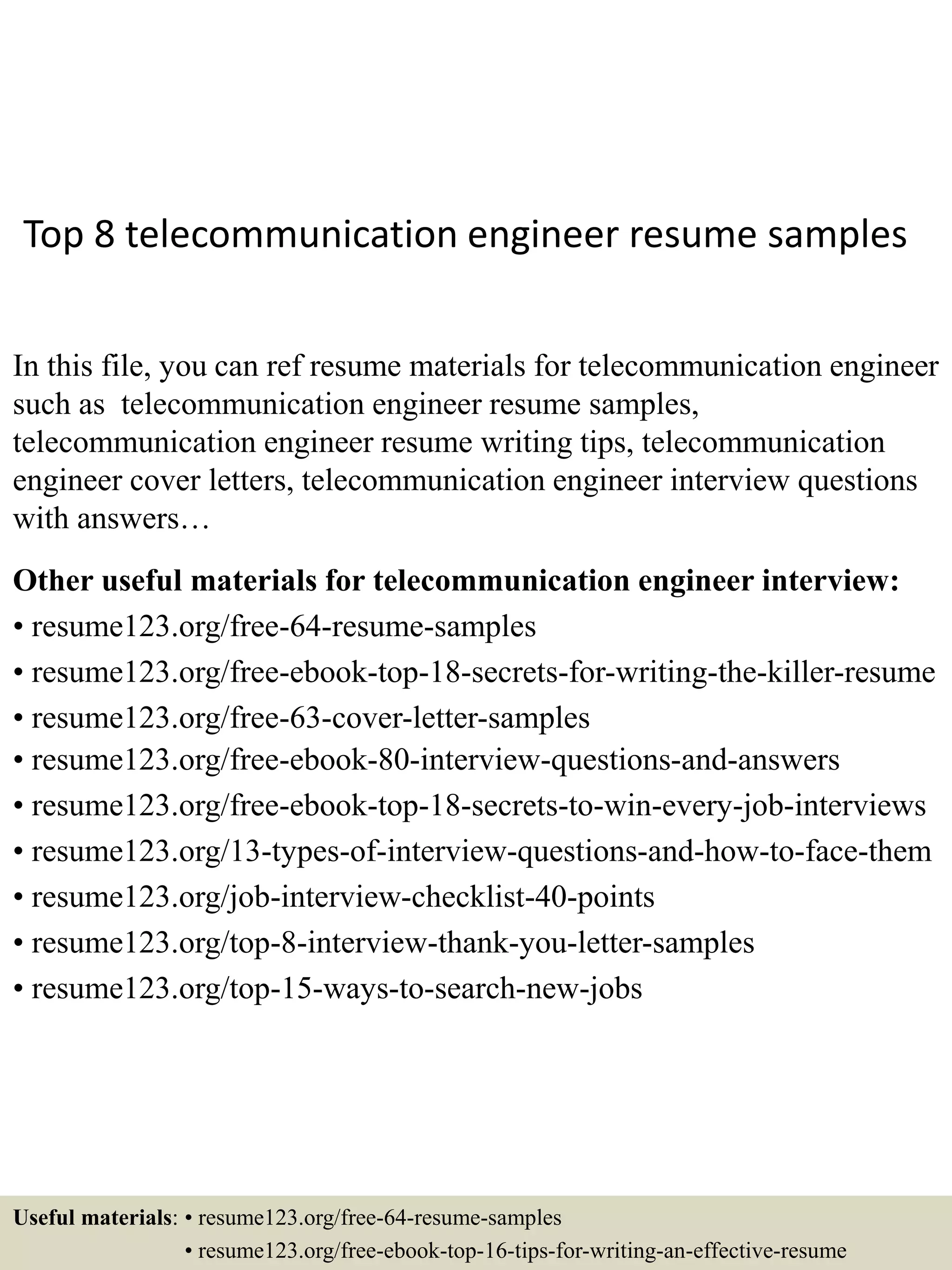 Top 8 telecommunication engineer resume samples | PPTX