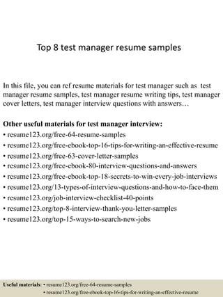 Top 8 test manager resume samples | PDF