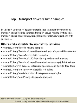 Top 8 transport driver resume samples | PDF