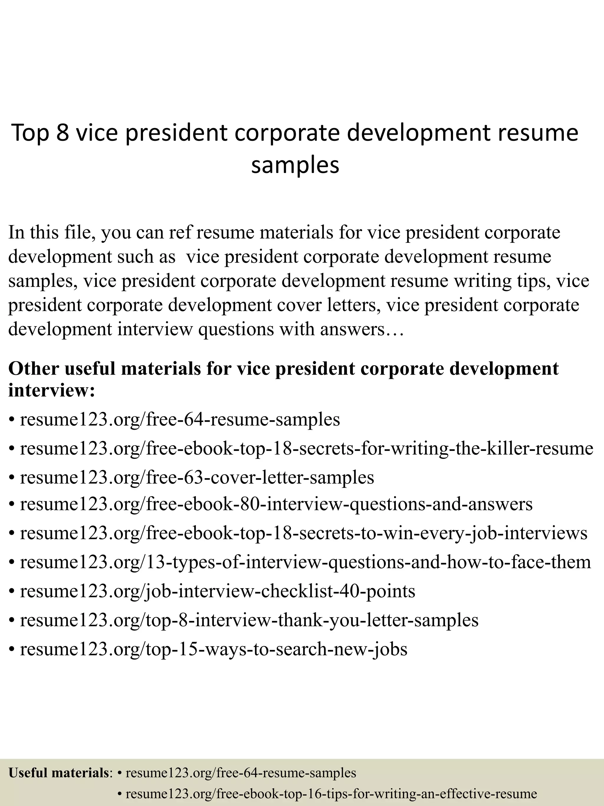 Top 8 vice president corporate development resume samples | PDF