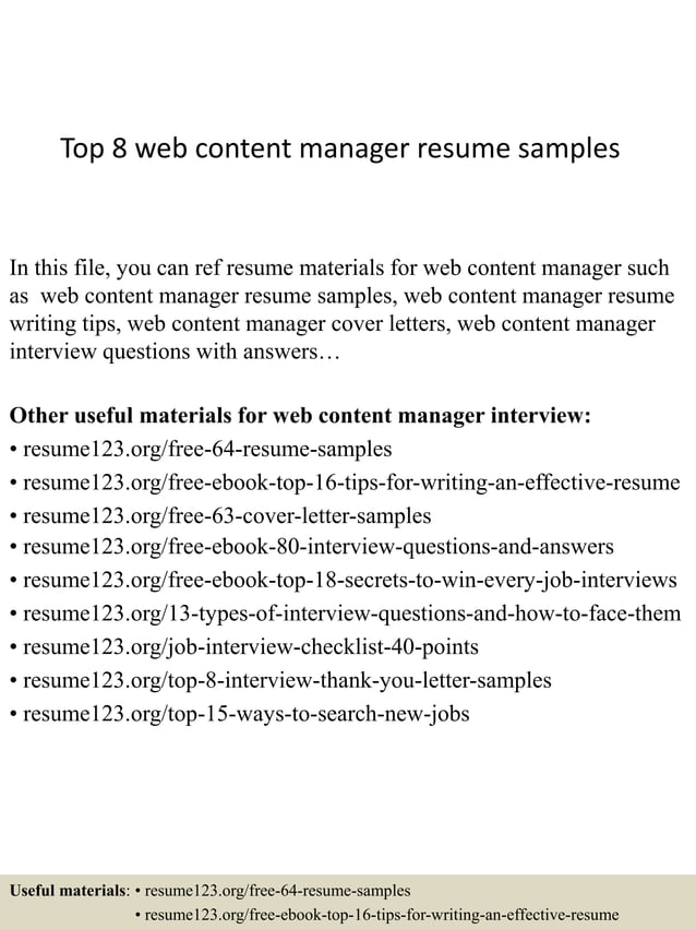 Top 8 web content manager resume samples | PPTX | Resume Writing and Advice | Job Search