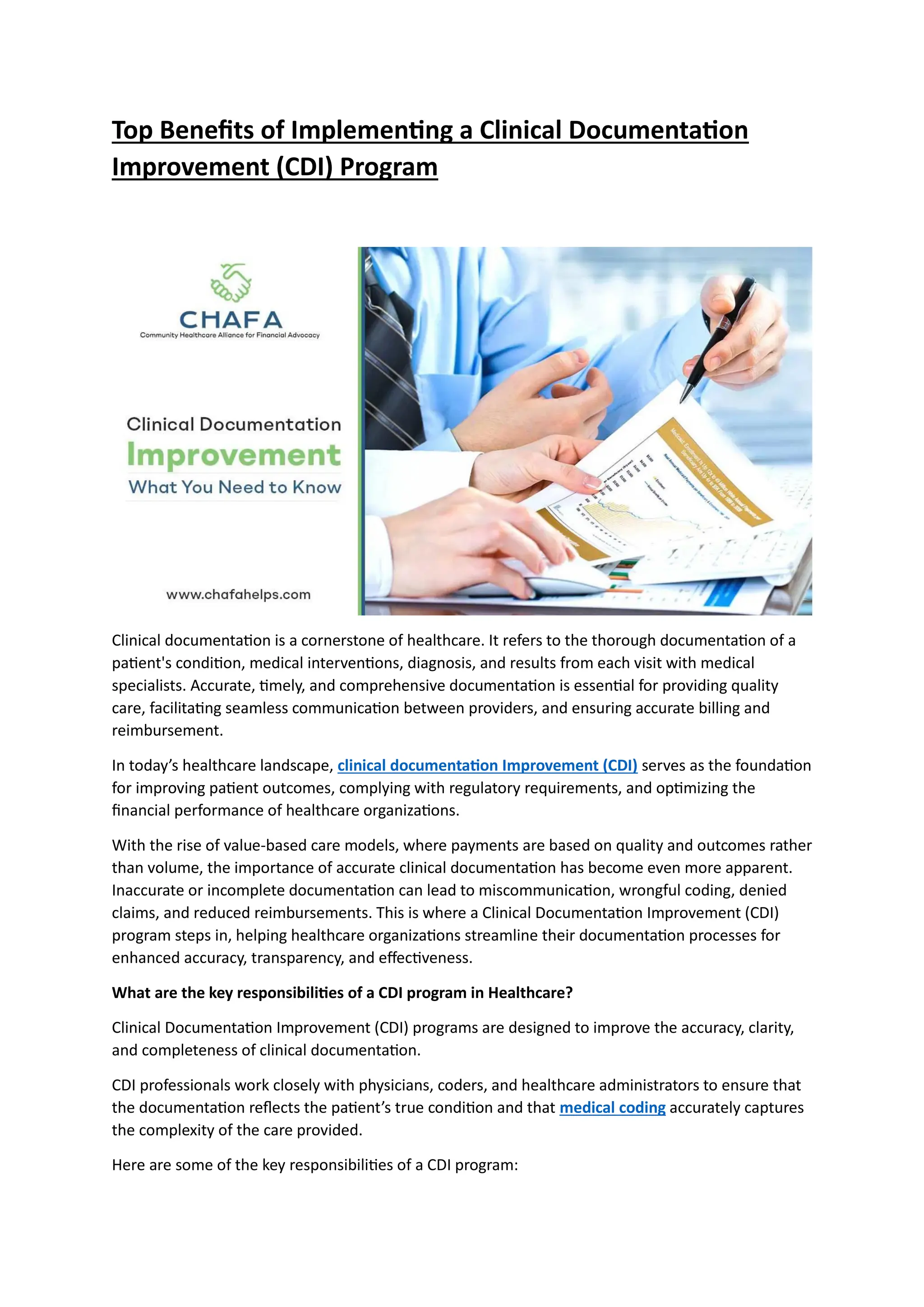 Top Benefits of Implementing a Clinical Documentation Improvement (CDI) Program | PDF