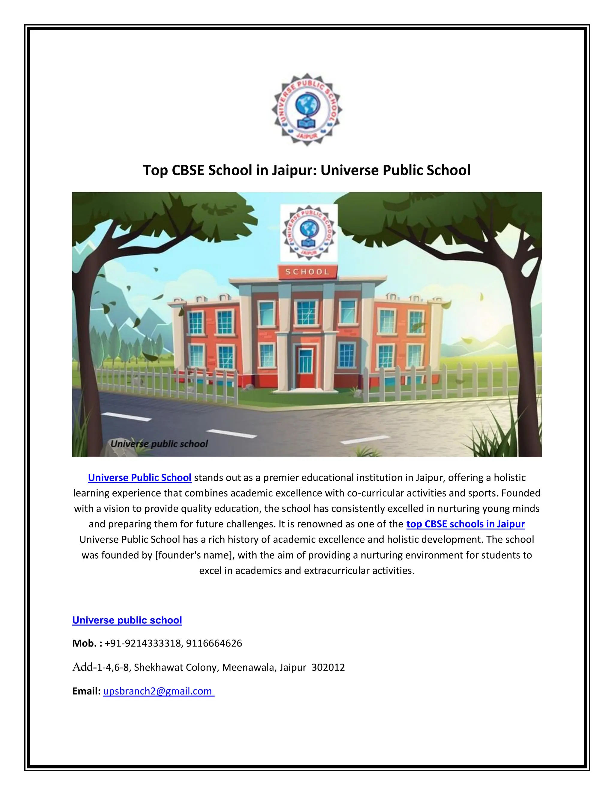 Top CBSE School in Jaipur: Universe Public School | PDF