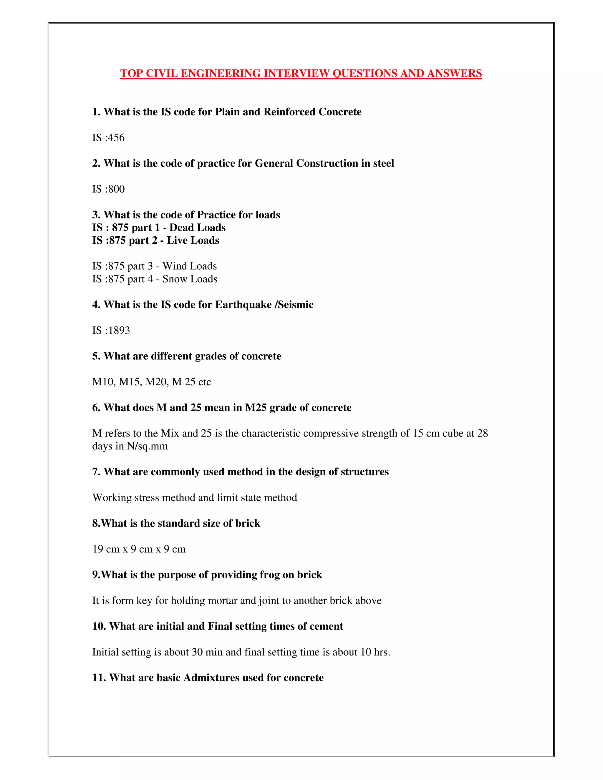 Top civil engineering Interview questions and Answers | PDF