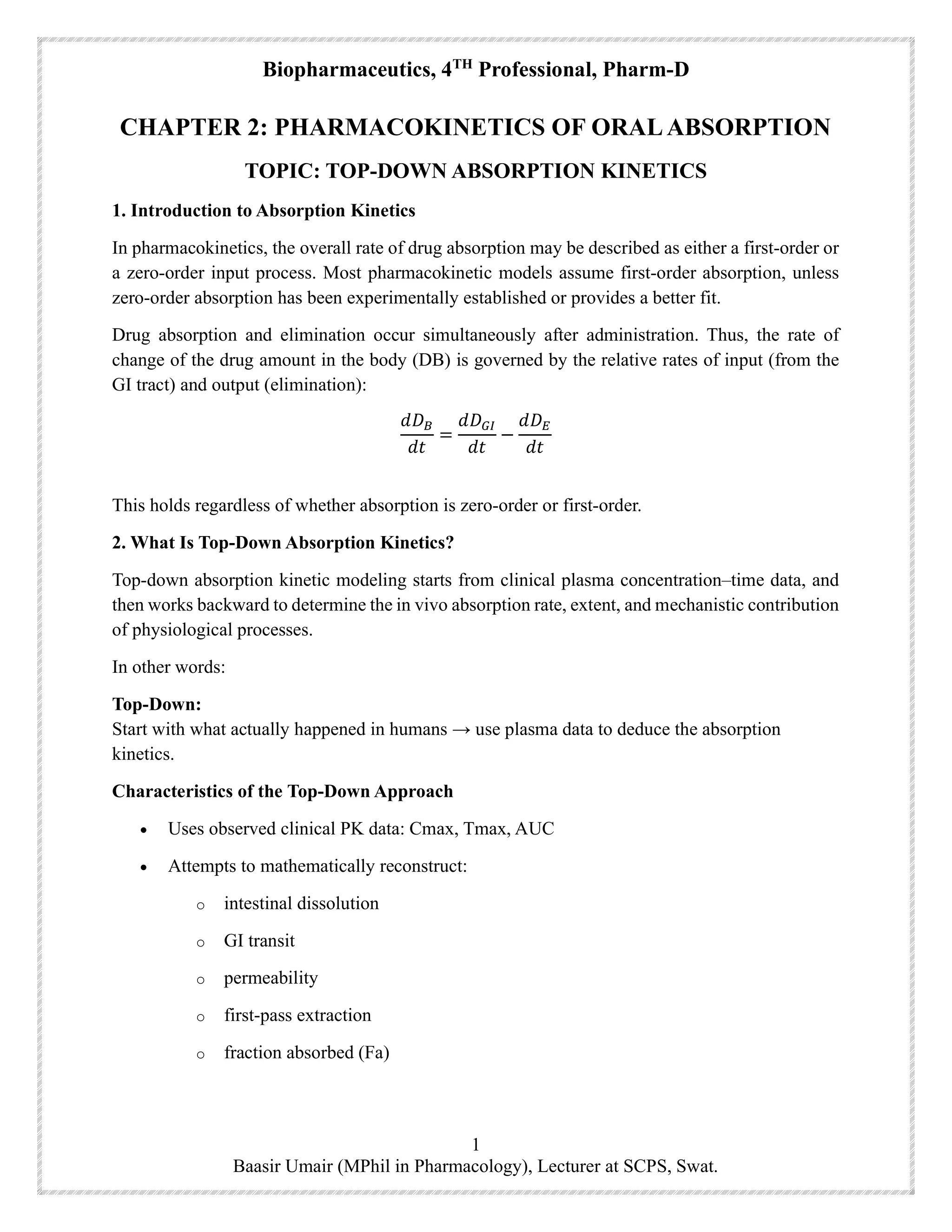Top-Down Absorption Kinetics: Clinical Plasma-Driven Modeling of Oral ...