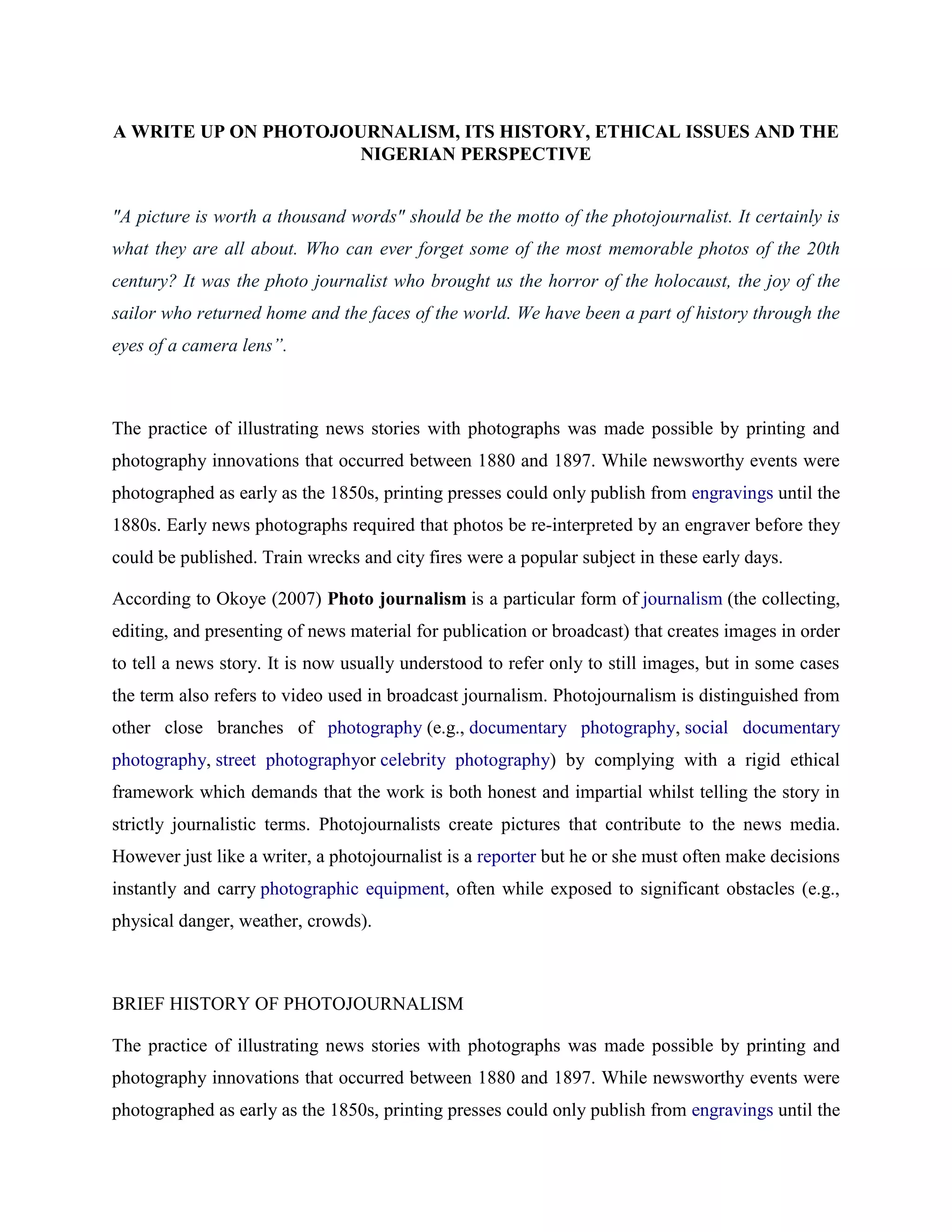 PHOTO JOURNALISM AND ITS ETHICAL ISSUES | DOCX