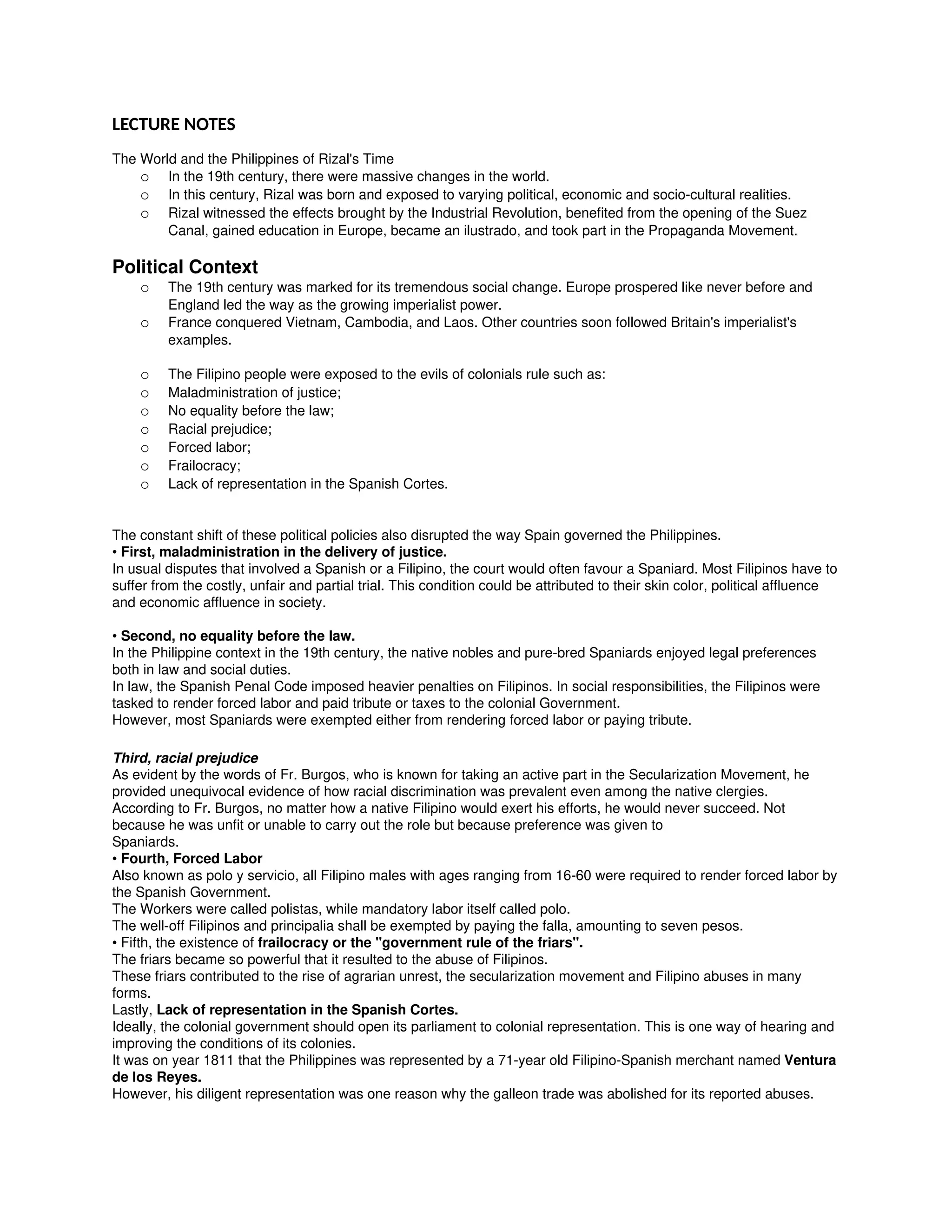 Notes for Philippines in the 19th Century as Rizal’s Context | DOCX