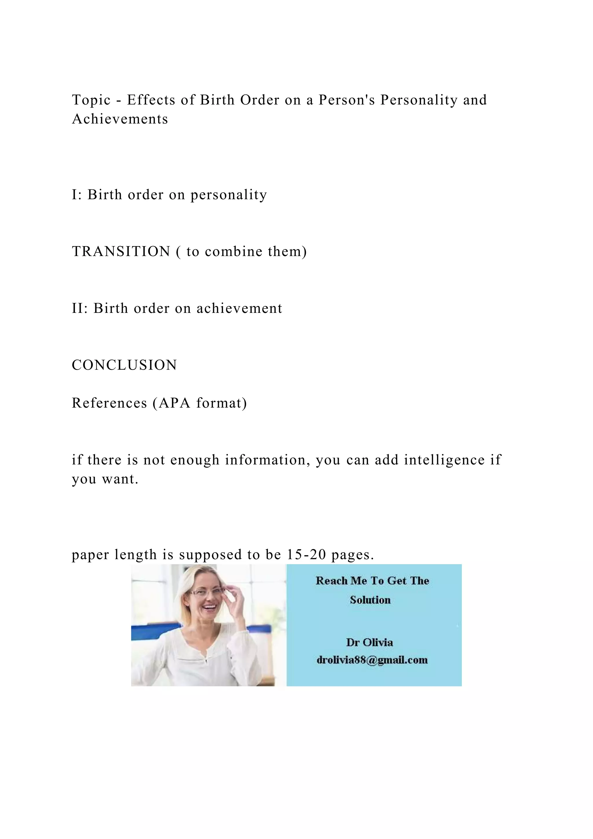 Topic - Effects of Birth Order on a Persons Personality and Achieve | DOCX