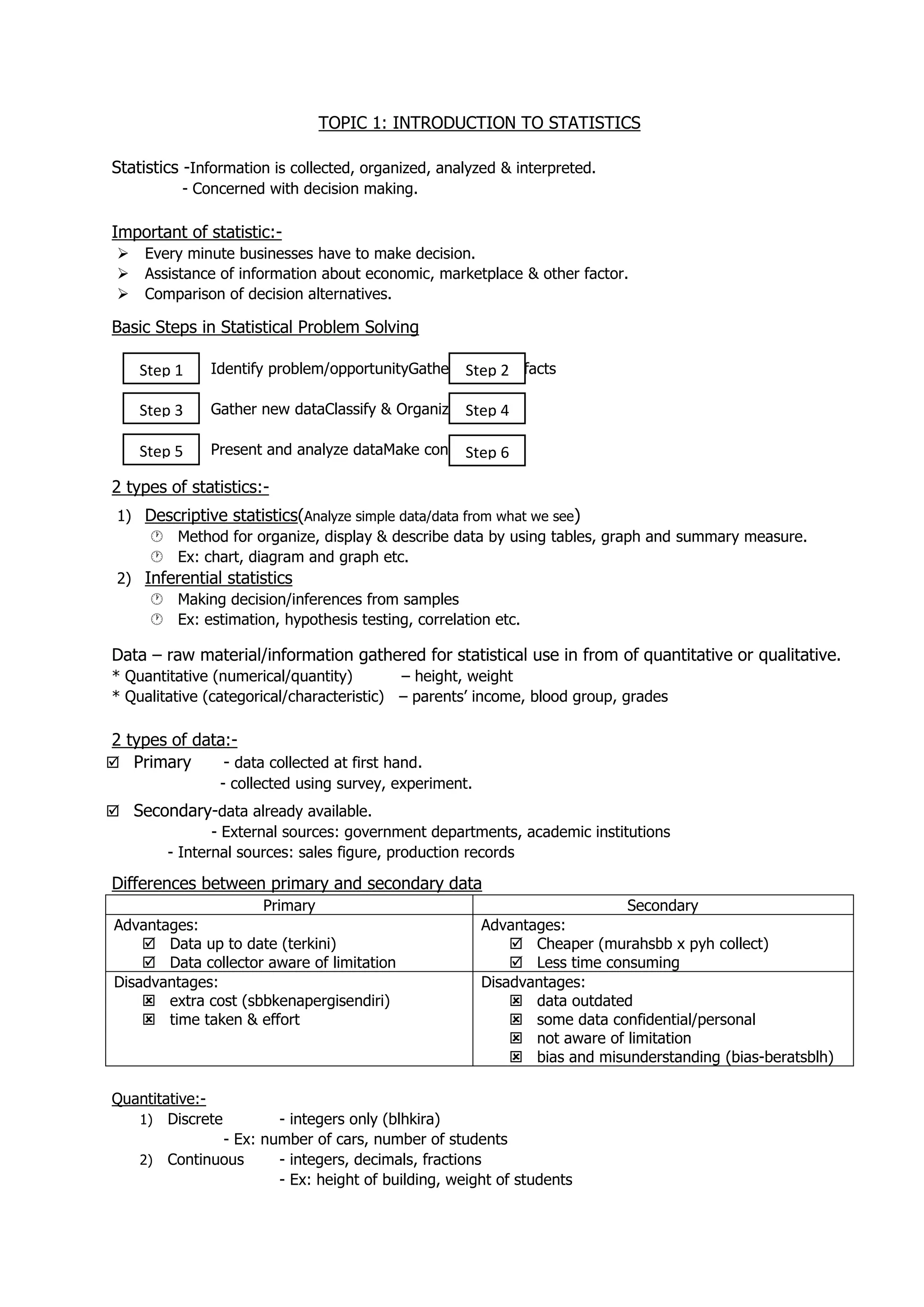 Topic 1 : Introduction to Statistics | PDF