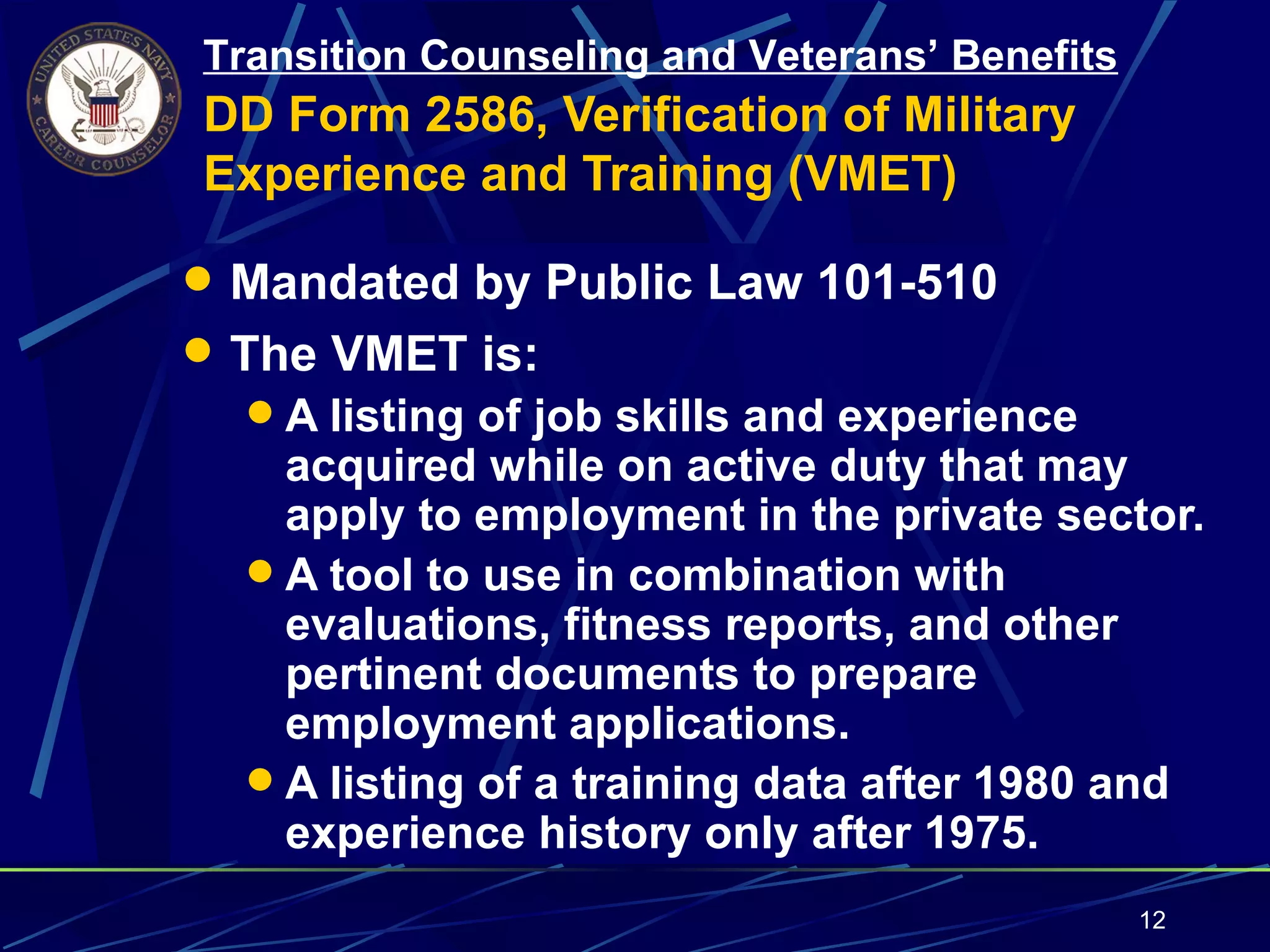 Topic 1.20 Transition Counseling and Veterans benefits | PPT
