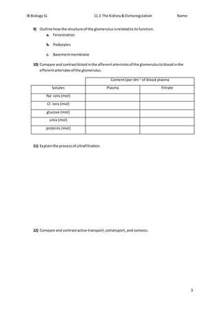 Topic 11.3 the kidney & osmoregulation notes | DOCX