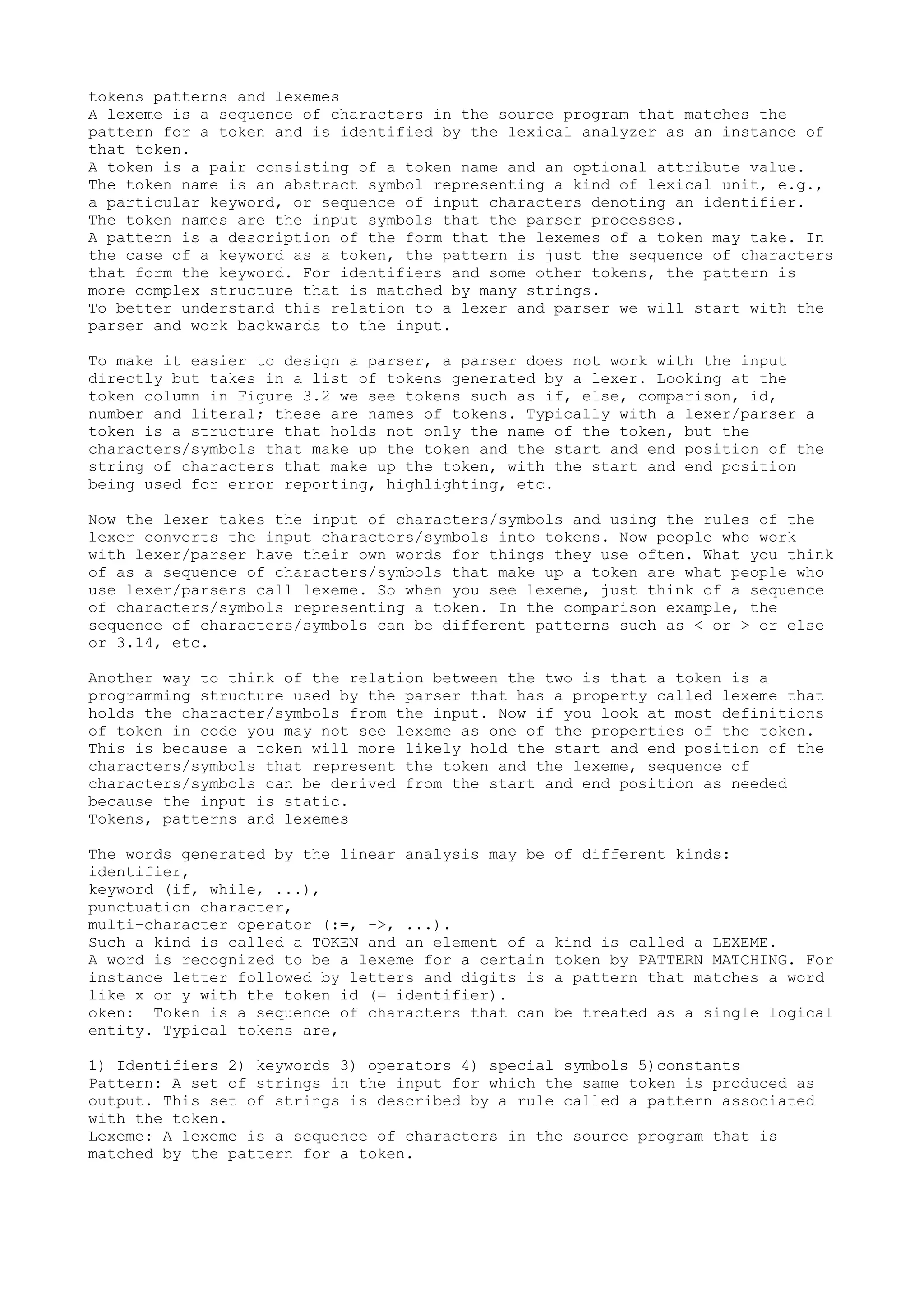 tokens patterns and lexemes | TXT